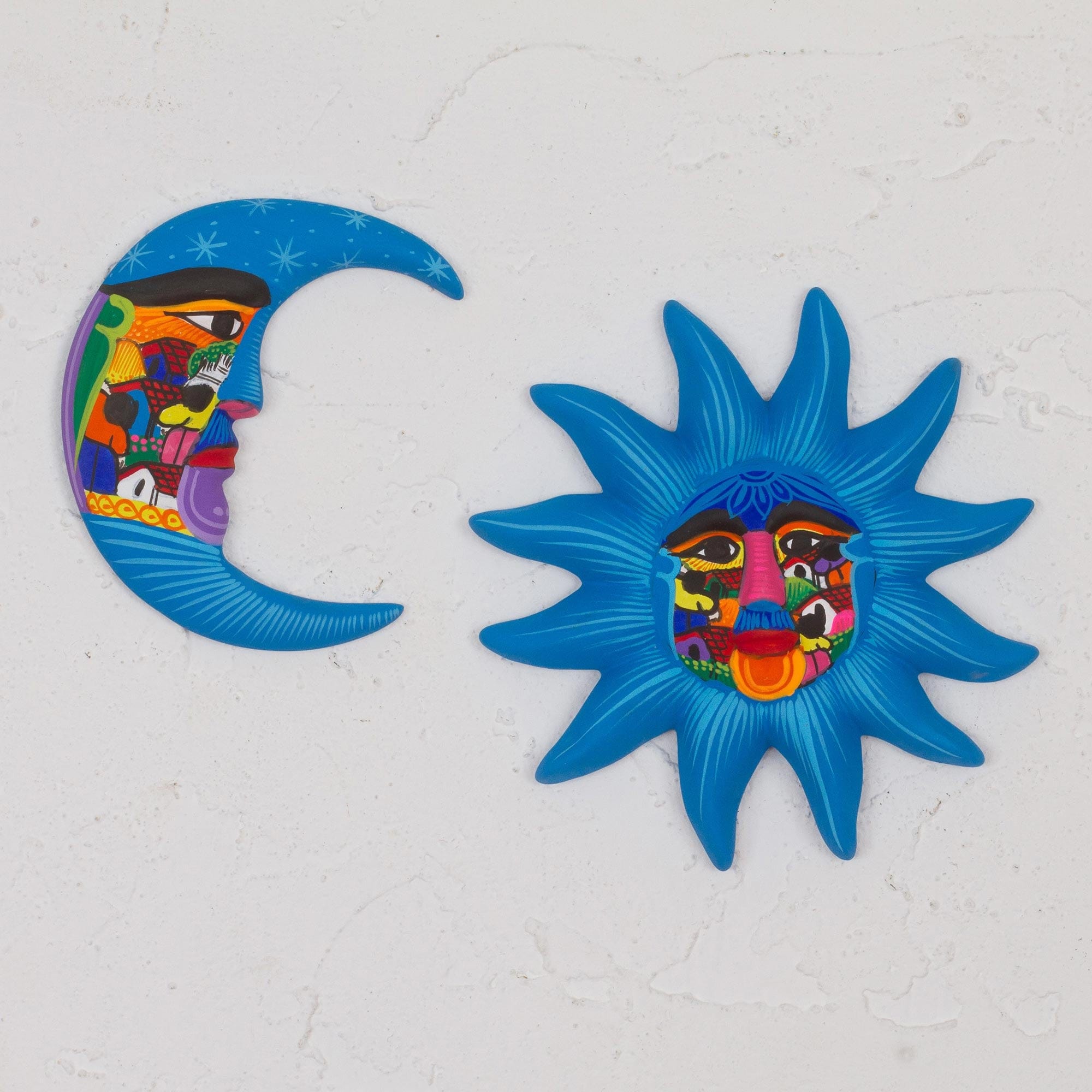 Hand Painted Blue Ceramic Sun and Moon Wall Art (Pair) - Mexican Sky – GlobeIn
