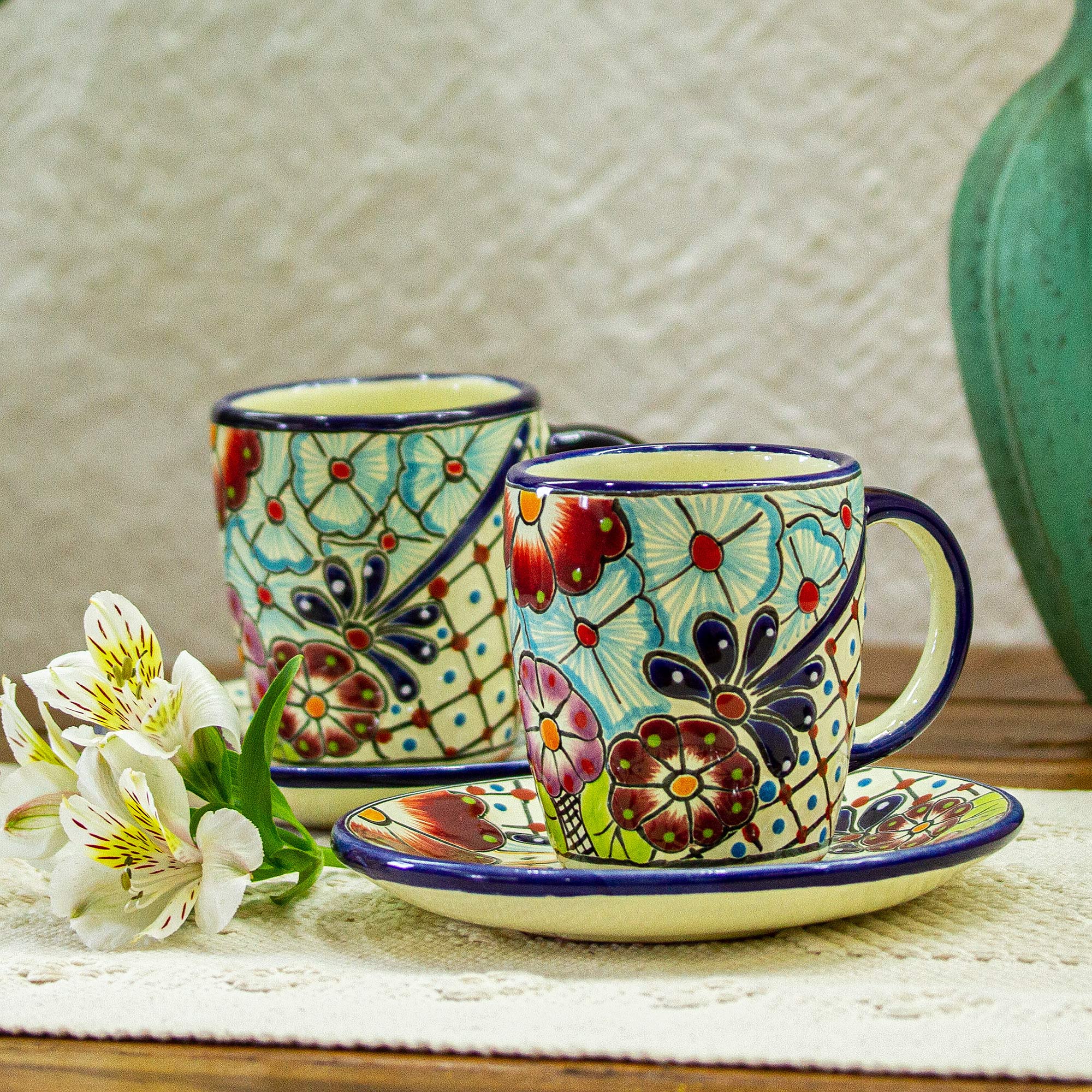 Talavera-Style Cups and Saucers (Pair) - Colors of Mexico – GlobeIn