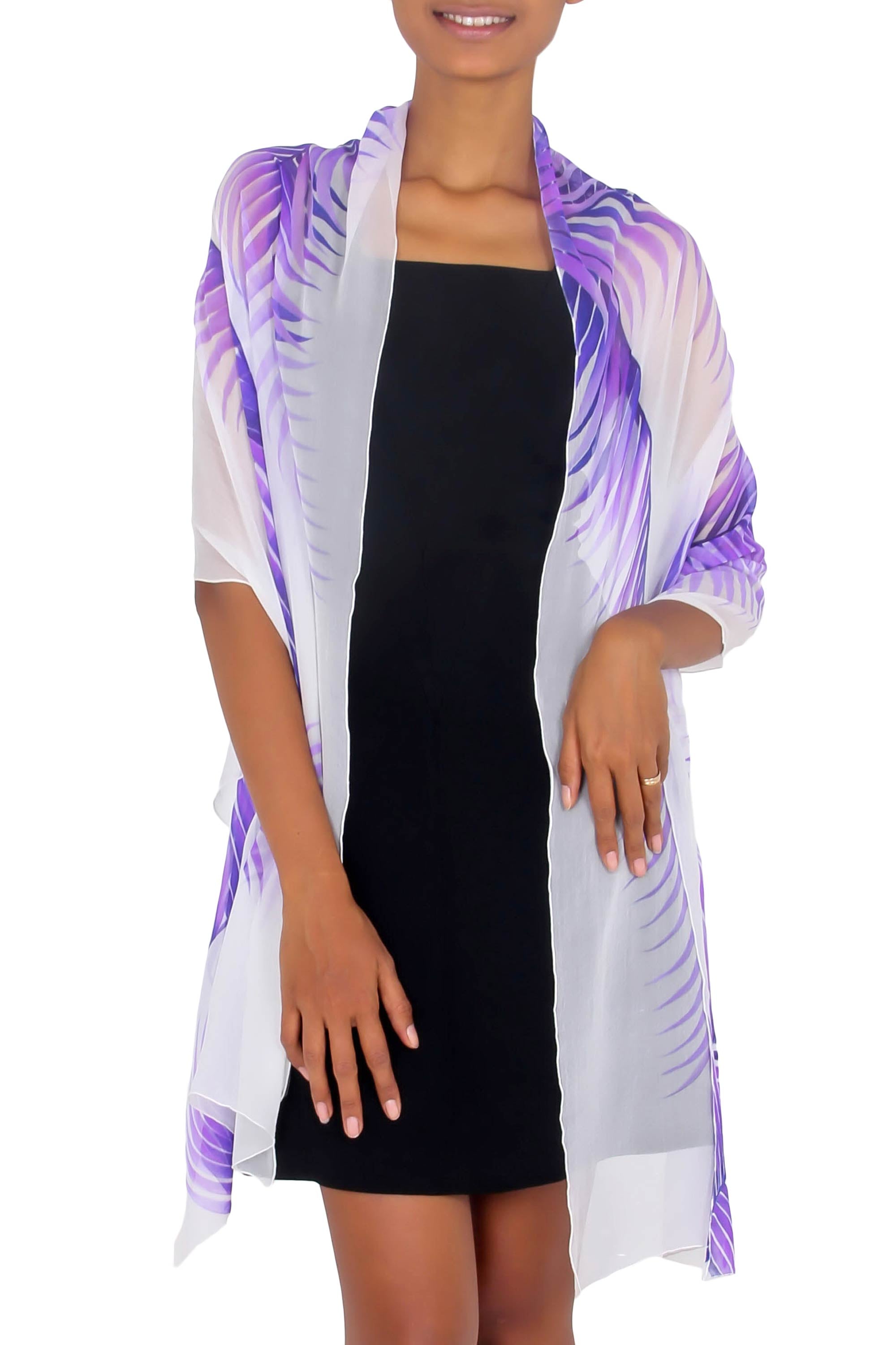 Handpainted Sheer White Silk Shawl with Purple Ferns - Purple Fern Sha ...