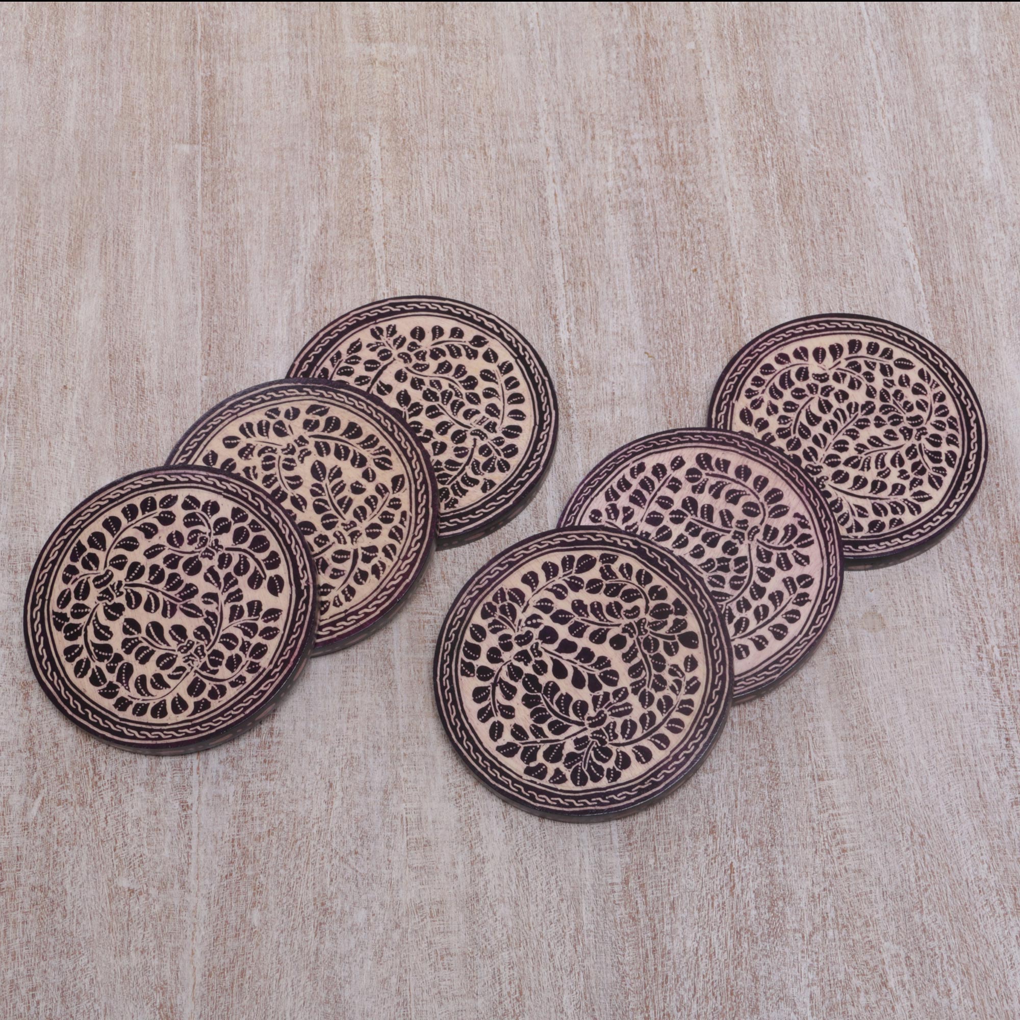 Indonesian Cream and Black Wood Batik Coasters (Set of 6) - Paddy Harv ...