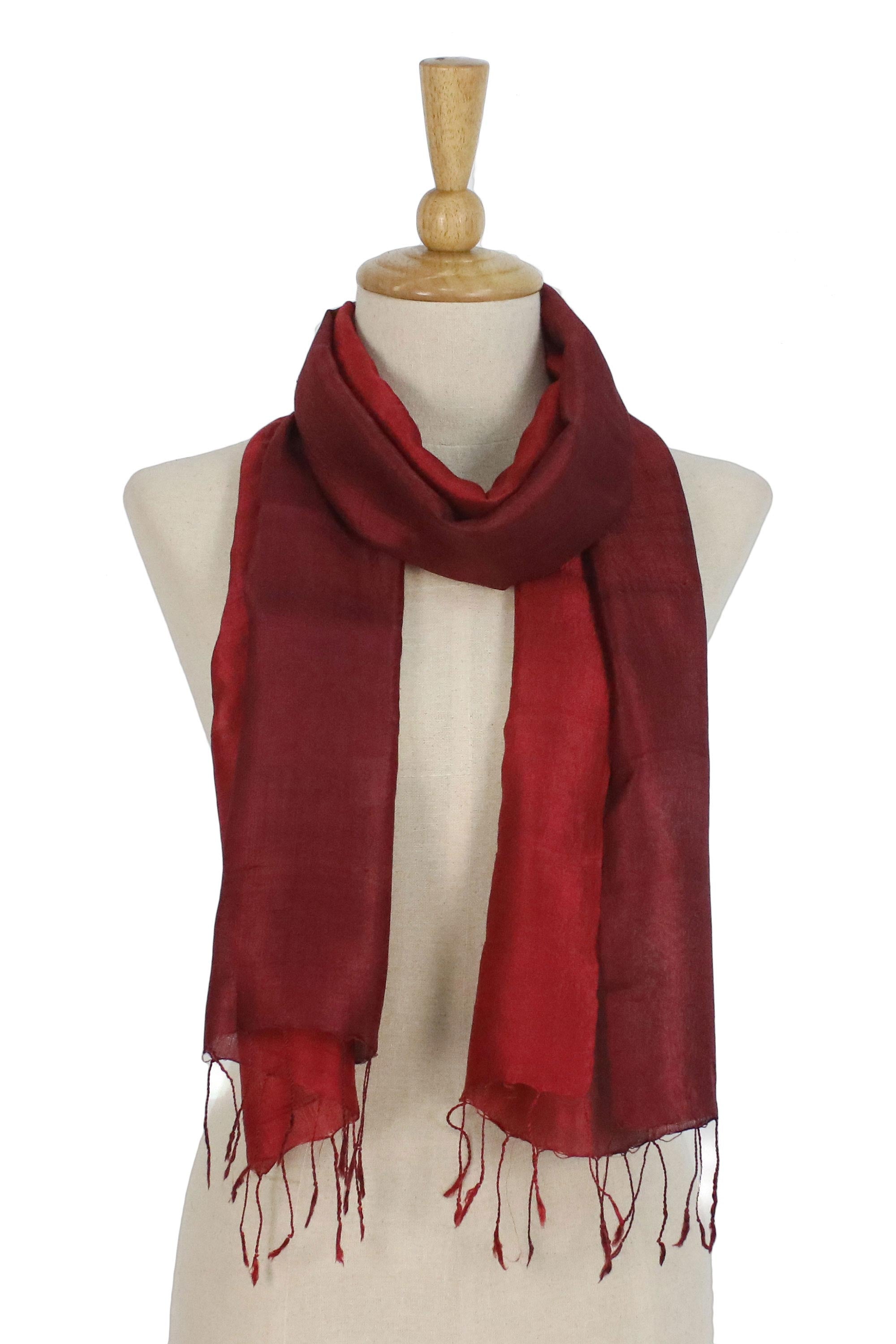 Ruby Red Tie-Dyed Handwoven Silk Scarf with Fringe - Ruby Love – GlobeIn