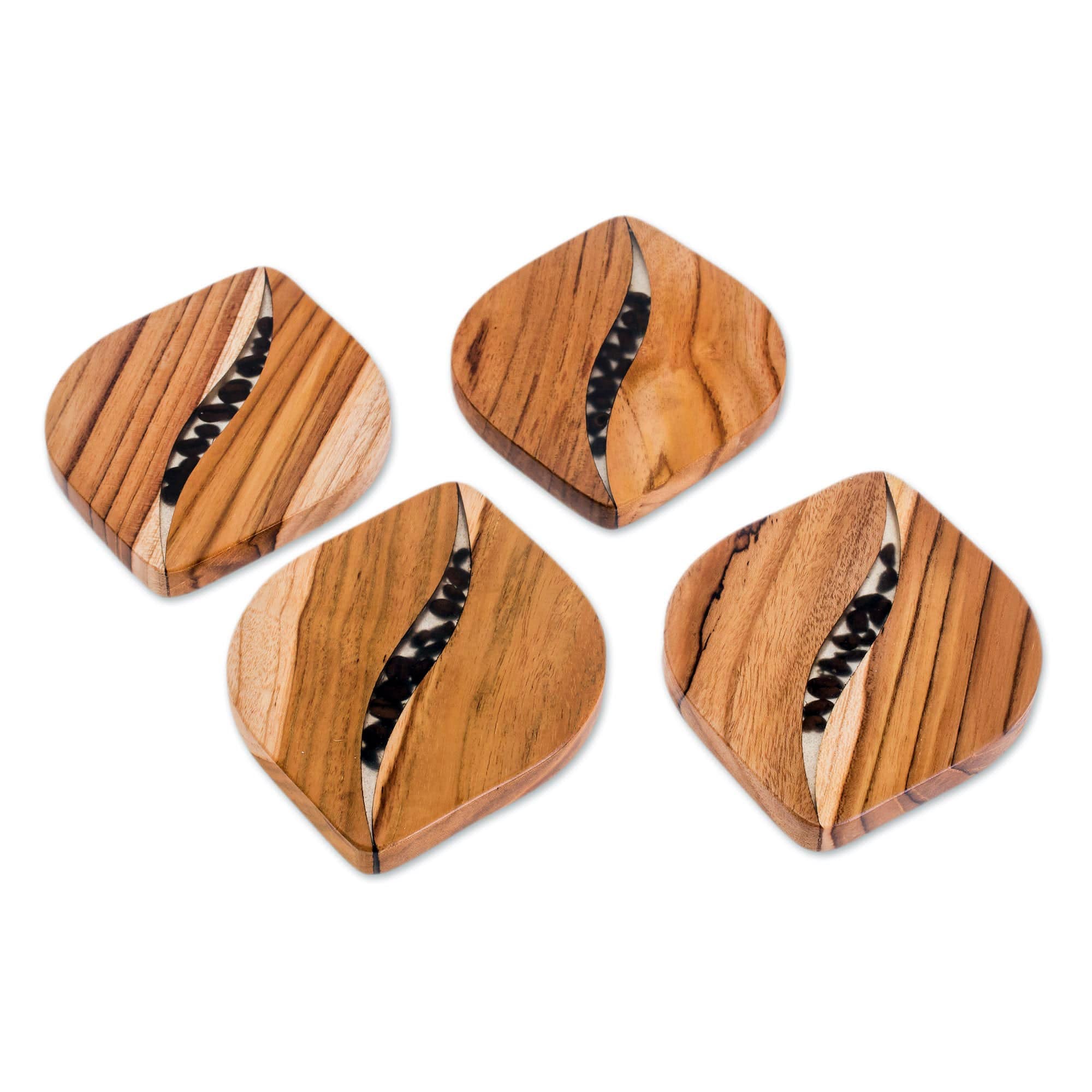 Coffee-Themed Teak Wood Coasters from Costa Rica (Set of 4) - Coffee M ...