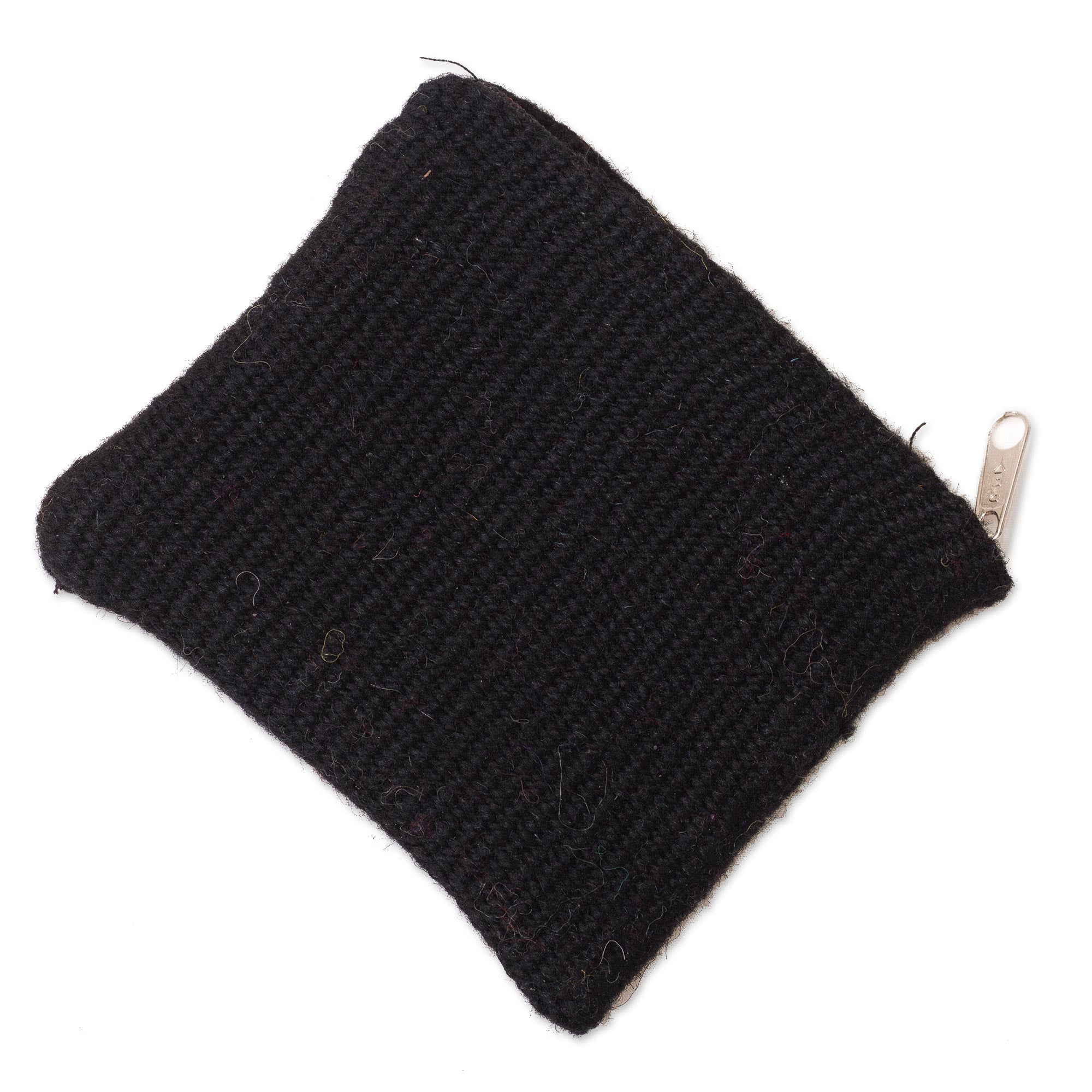 Floral Embroidered Wool Coin Purse in Black from Peru - Exceptional Ga ...