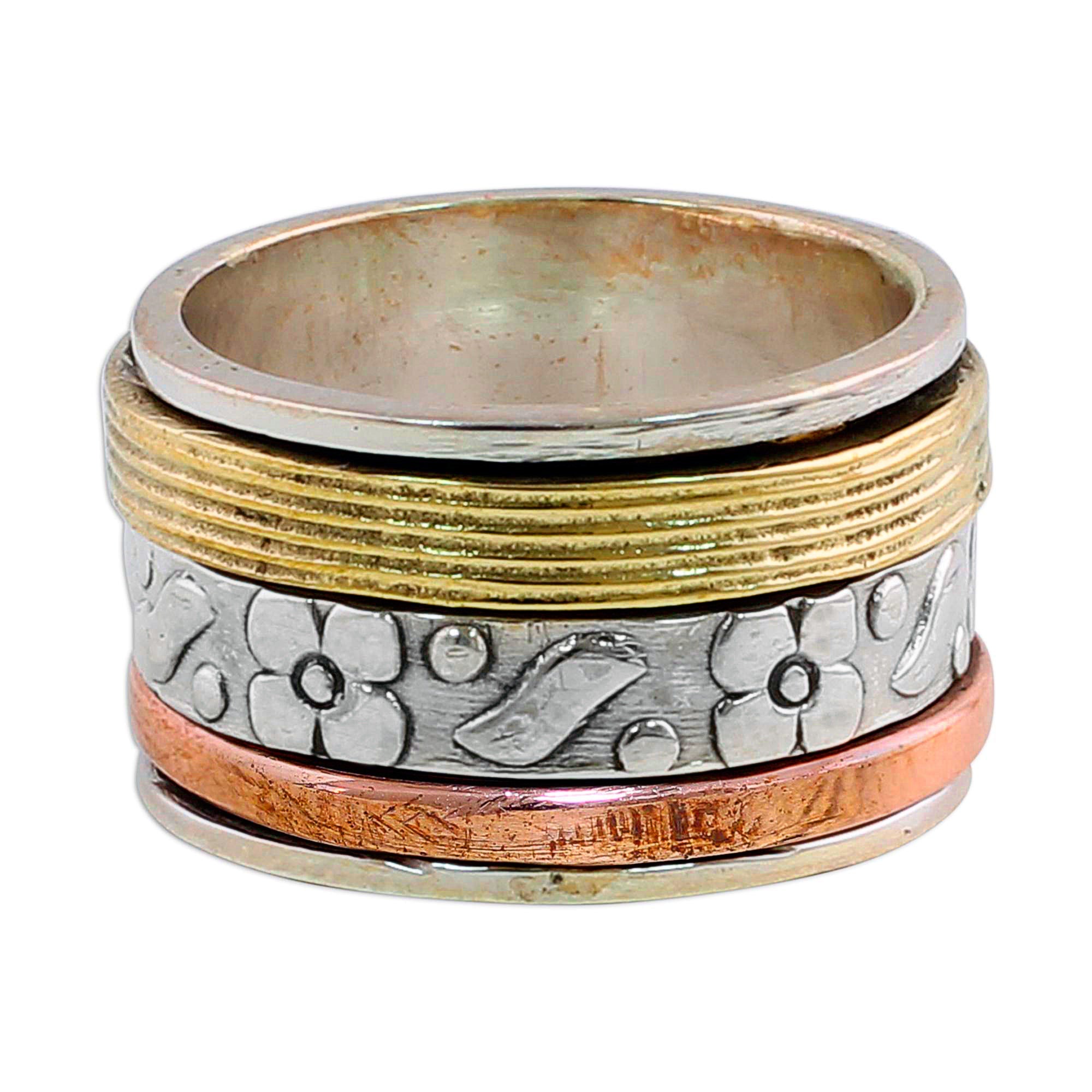 Sterling Silver Copper and Brass Indian Floral Spinner Ring - Floral S ...