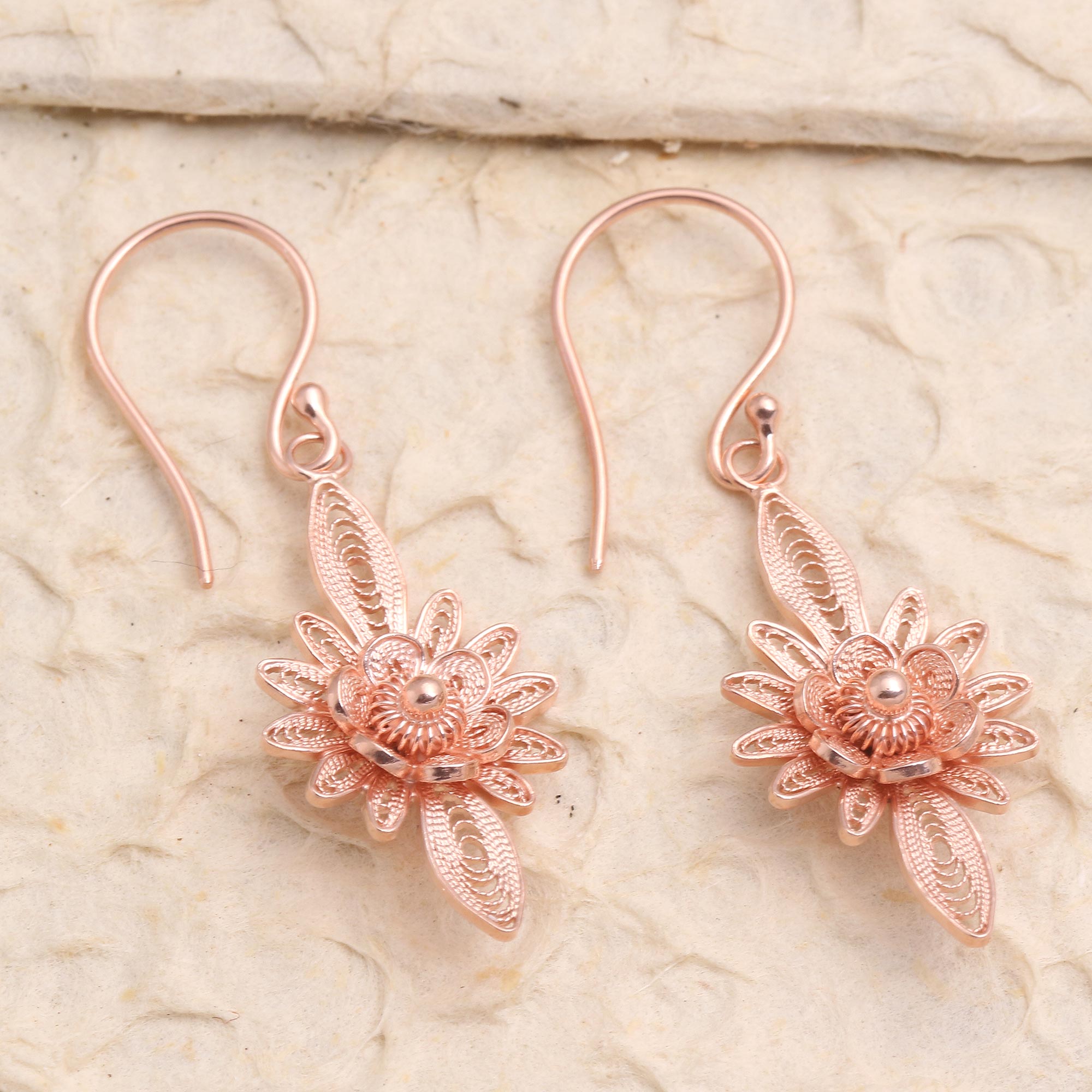 Hand Crafted Rose Gold Plated Flower Dangle Earrings - Flower Lights ...