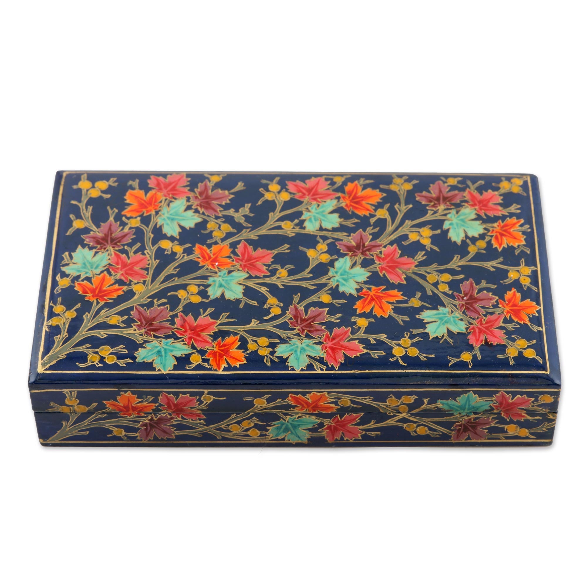 Hand-Painted Papier Mache Box with Tree Motif - Festive Trees in Blue ...