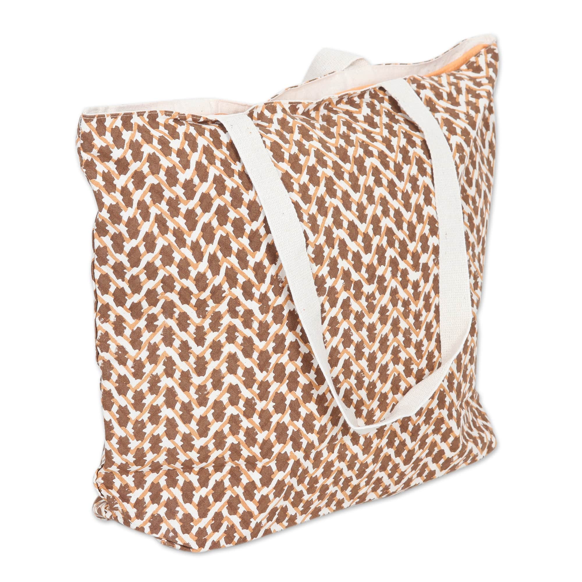 Cotton Tote Bag with Block-Printed Modern Design in Sepia - Sepia Ties ...