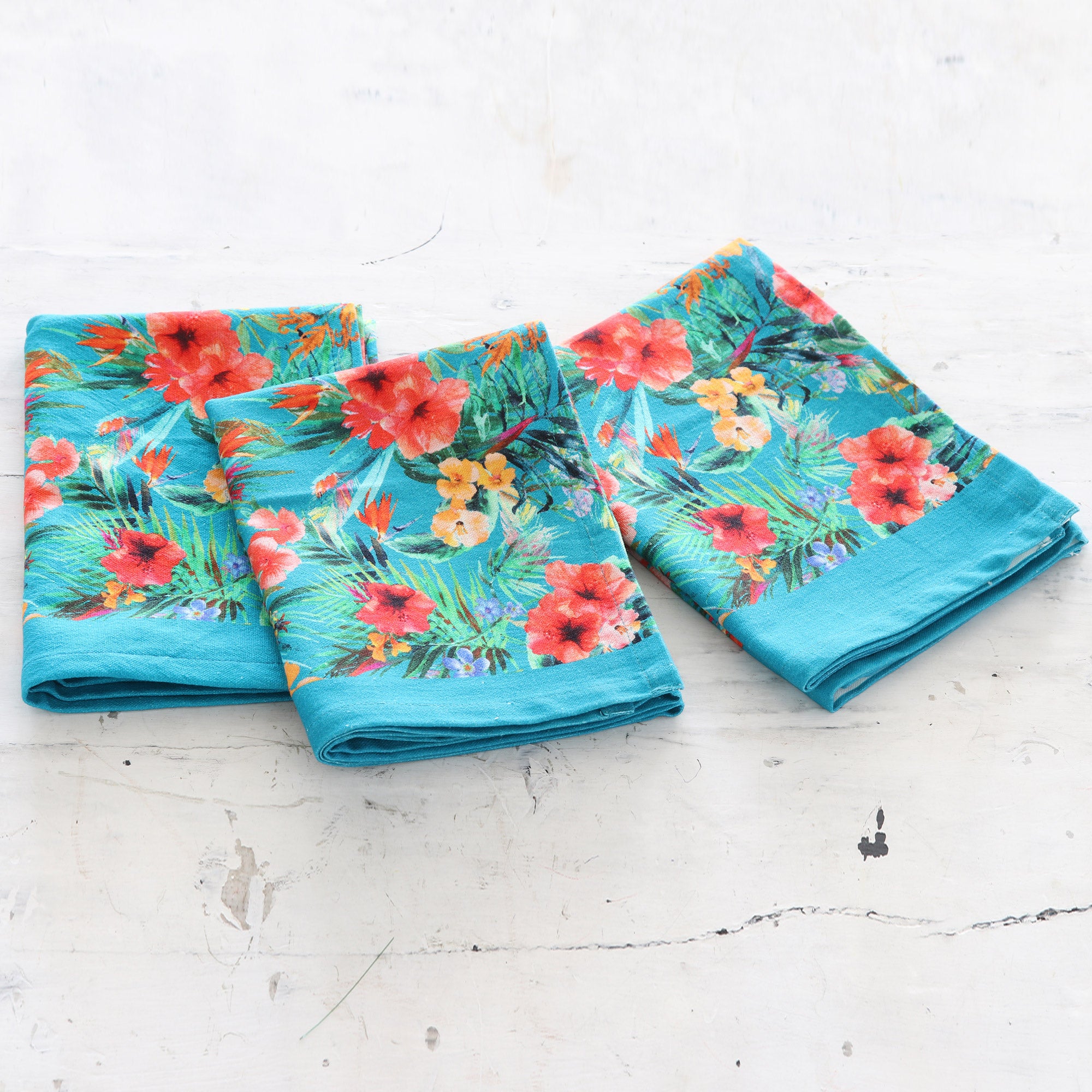 Set of 3 Turquoise Cotton Dish Towels with Floral Motifs - Floral Affe ...