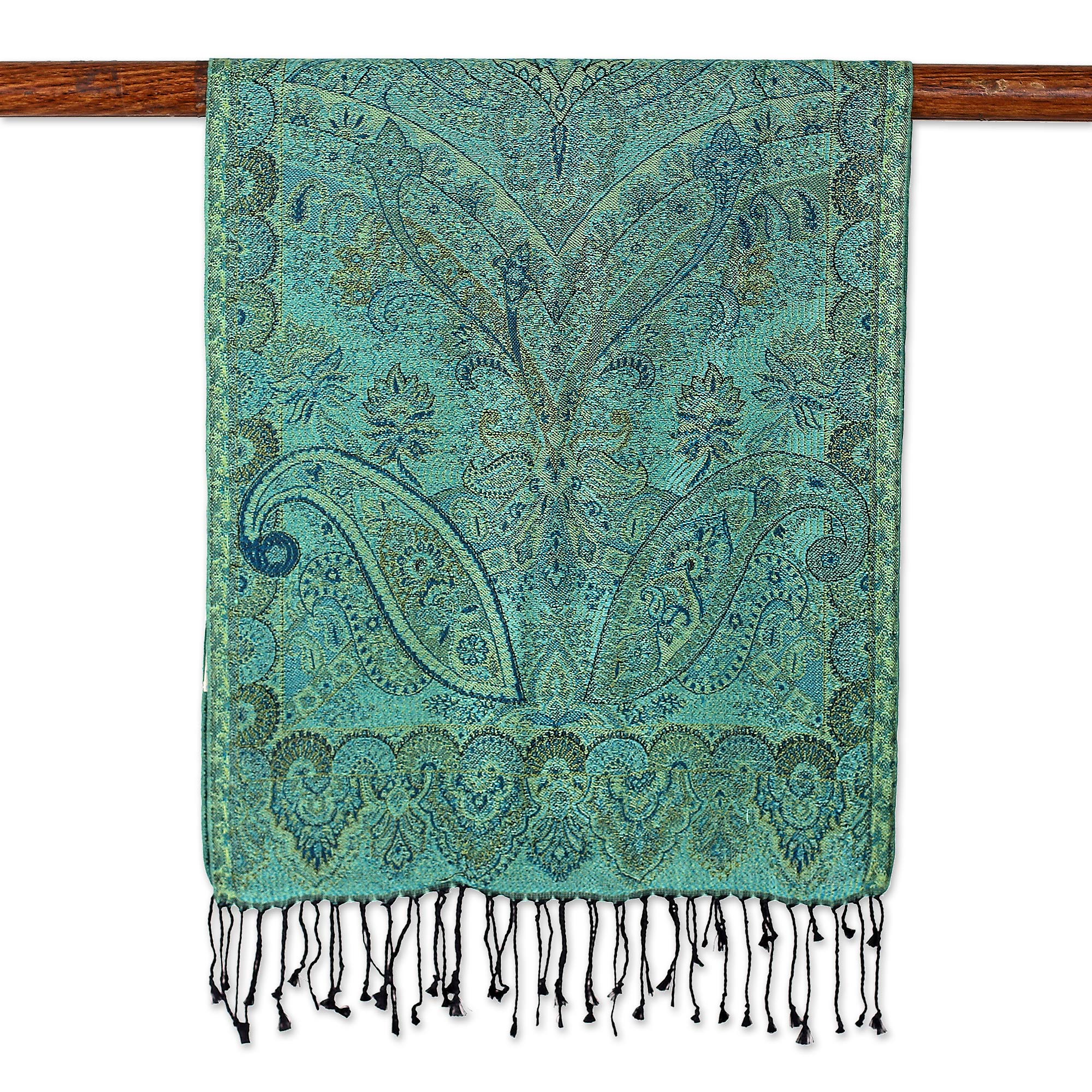 Woven Reversible Jamawar Fringed Silk Scarf in Turquoise - Magical Gar ...