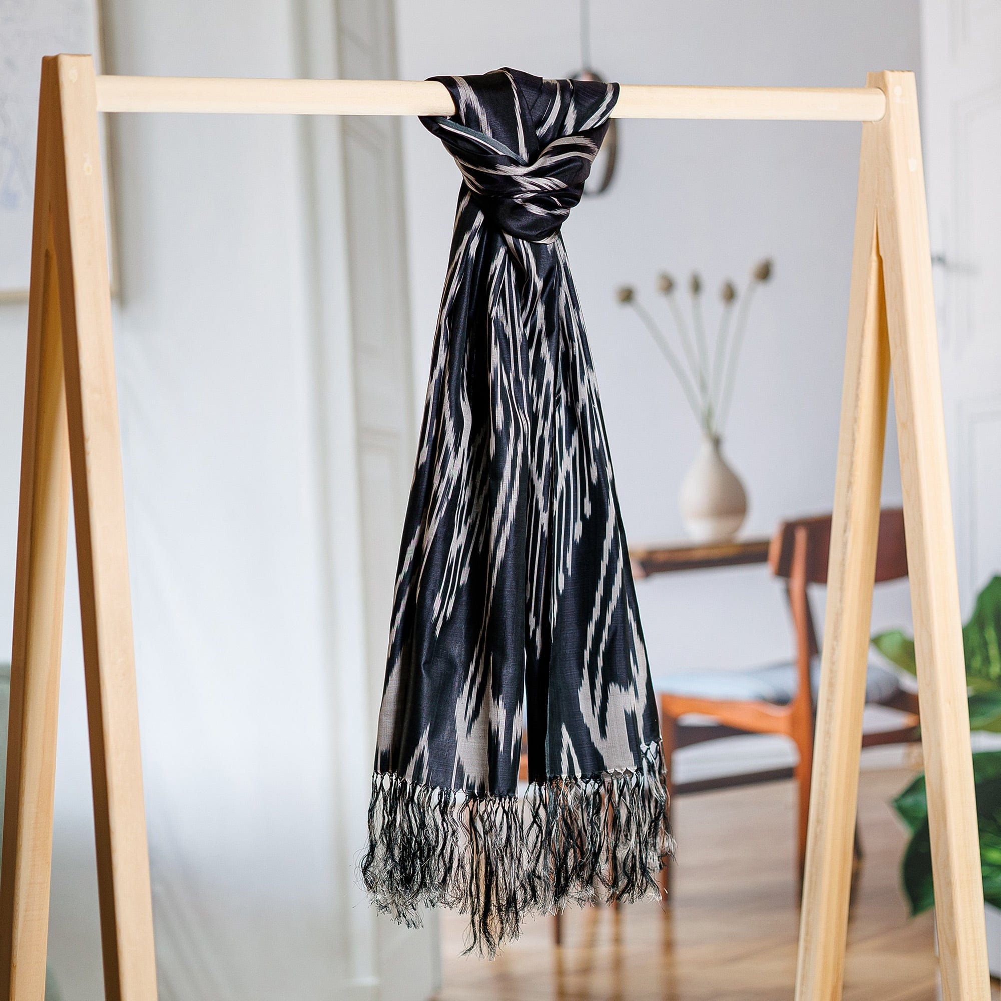 Hand-Woven Fringed Silk Ikat Scarf in Black from Uzbekistan - Stylish ...