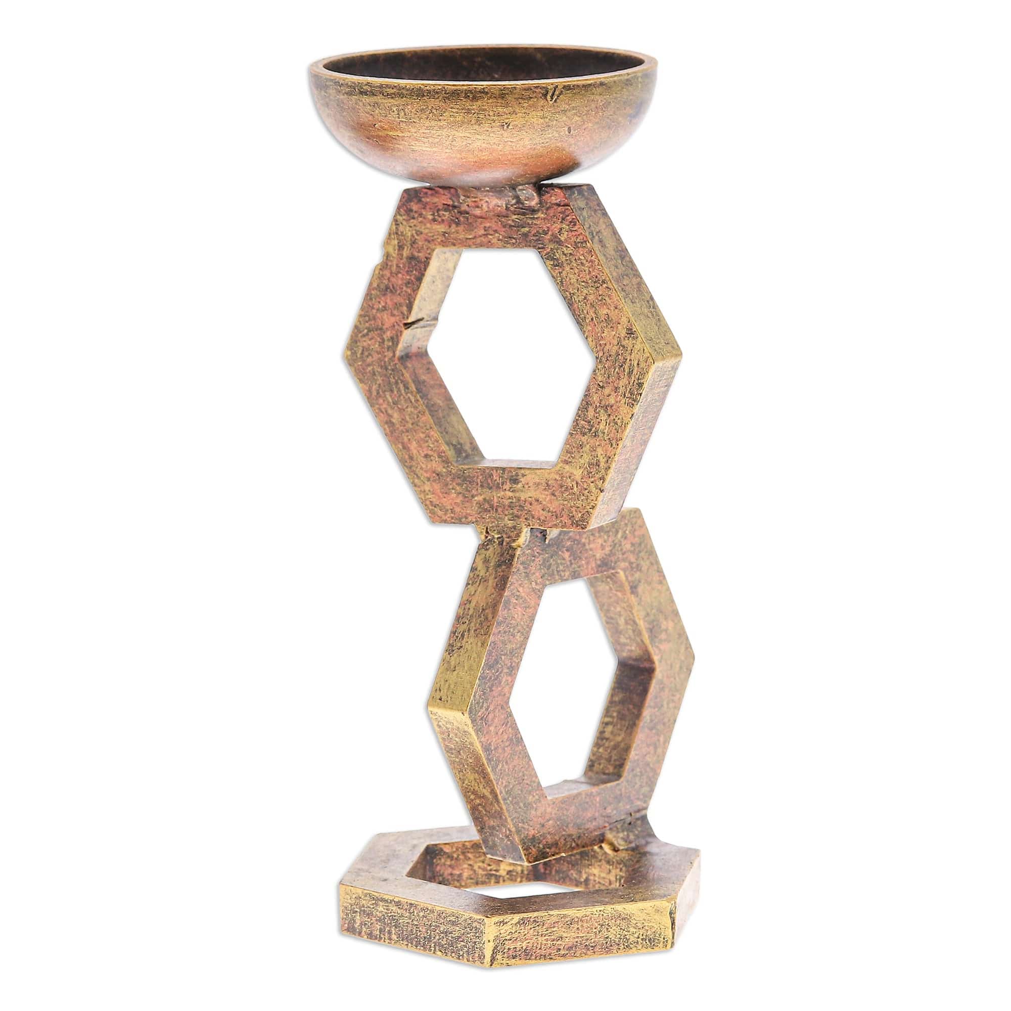 Golden-Toned Hexagonal Iron Tealight Holder from Thailand - Hexagon Li ...