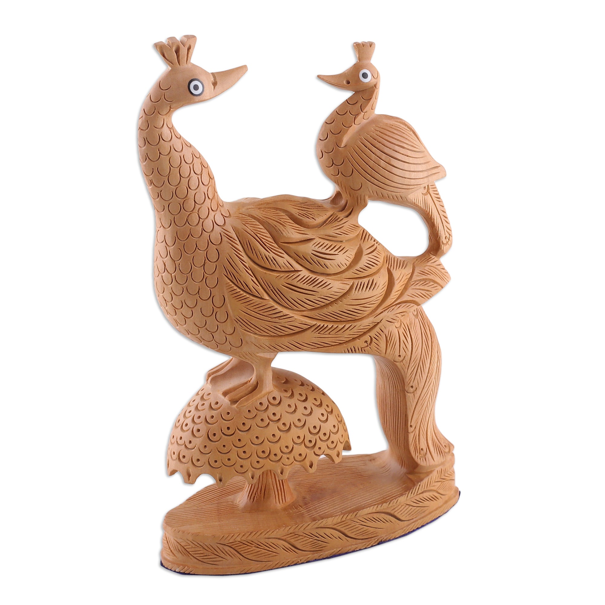 Kadam Wood Sculpture of Father Peacock and Child from India - Peacock ...