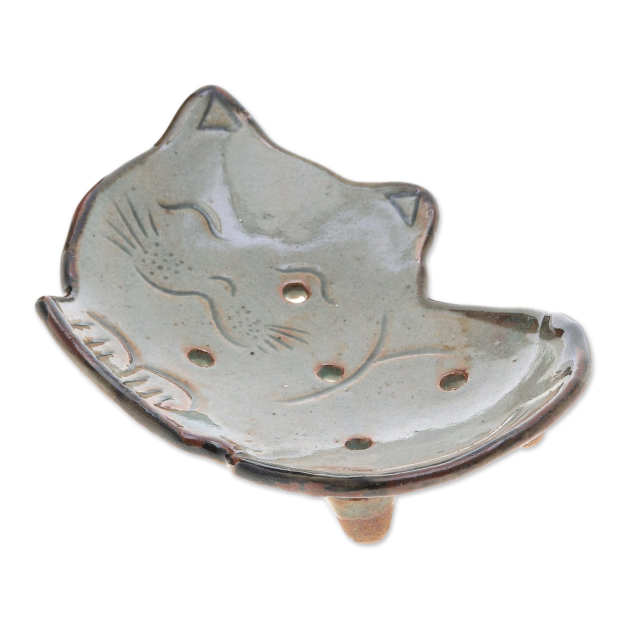 Feline-Shaped Glazed Ceramic Soap Dish Made in Thailand - Happy Feline ...