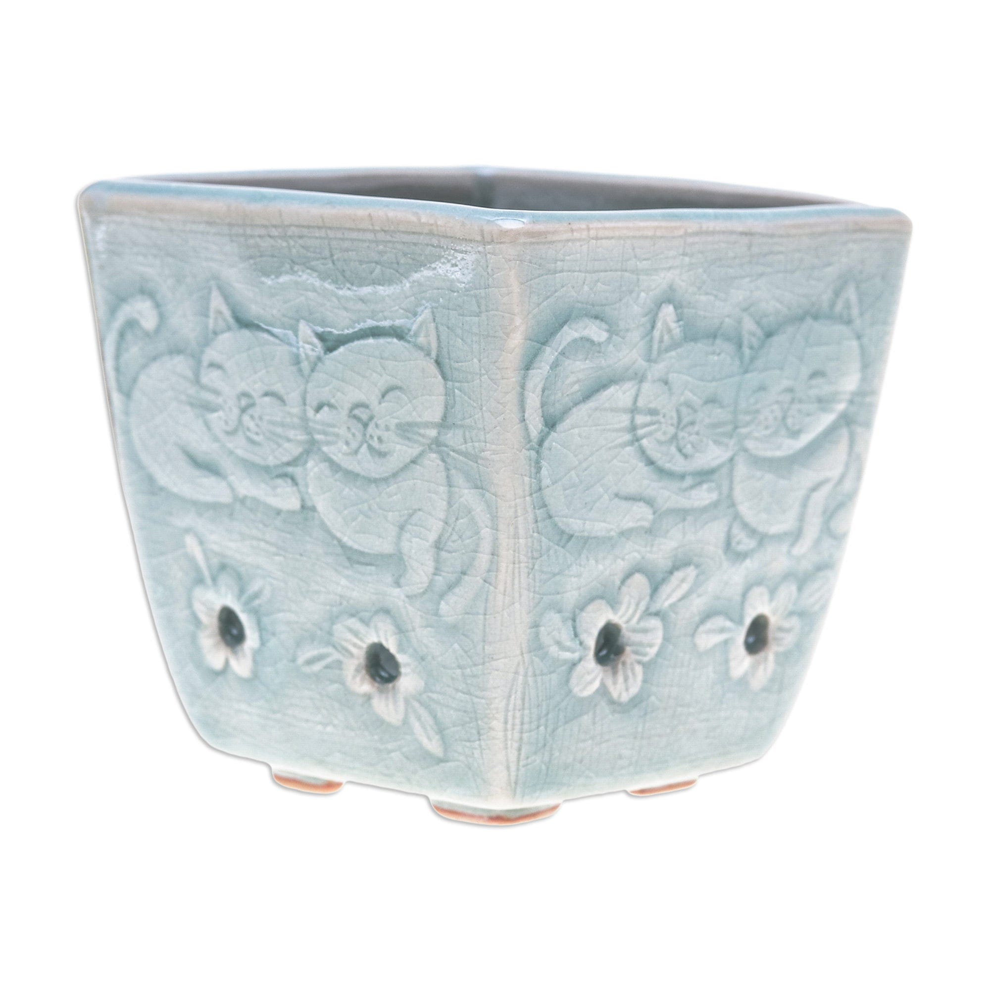 Cat and Floral-Themed Celadon Ceramic Mini Planter in Blue - Blue Kitt ...