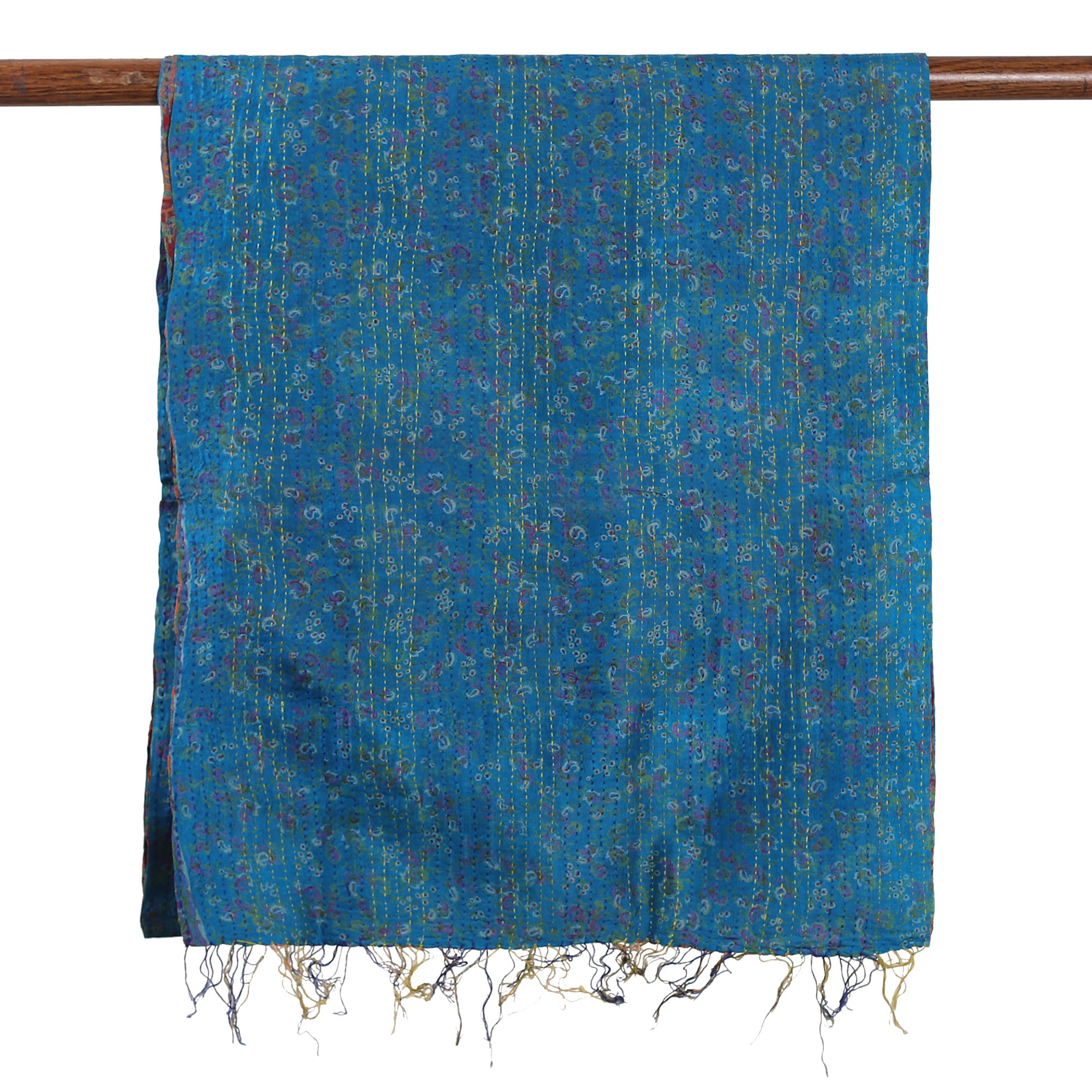 Kantha Embroidered Cyan and Sunrise Reversible Silk Scarf - Floral Wor ...