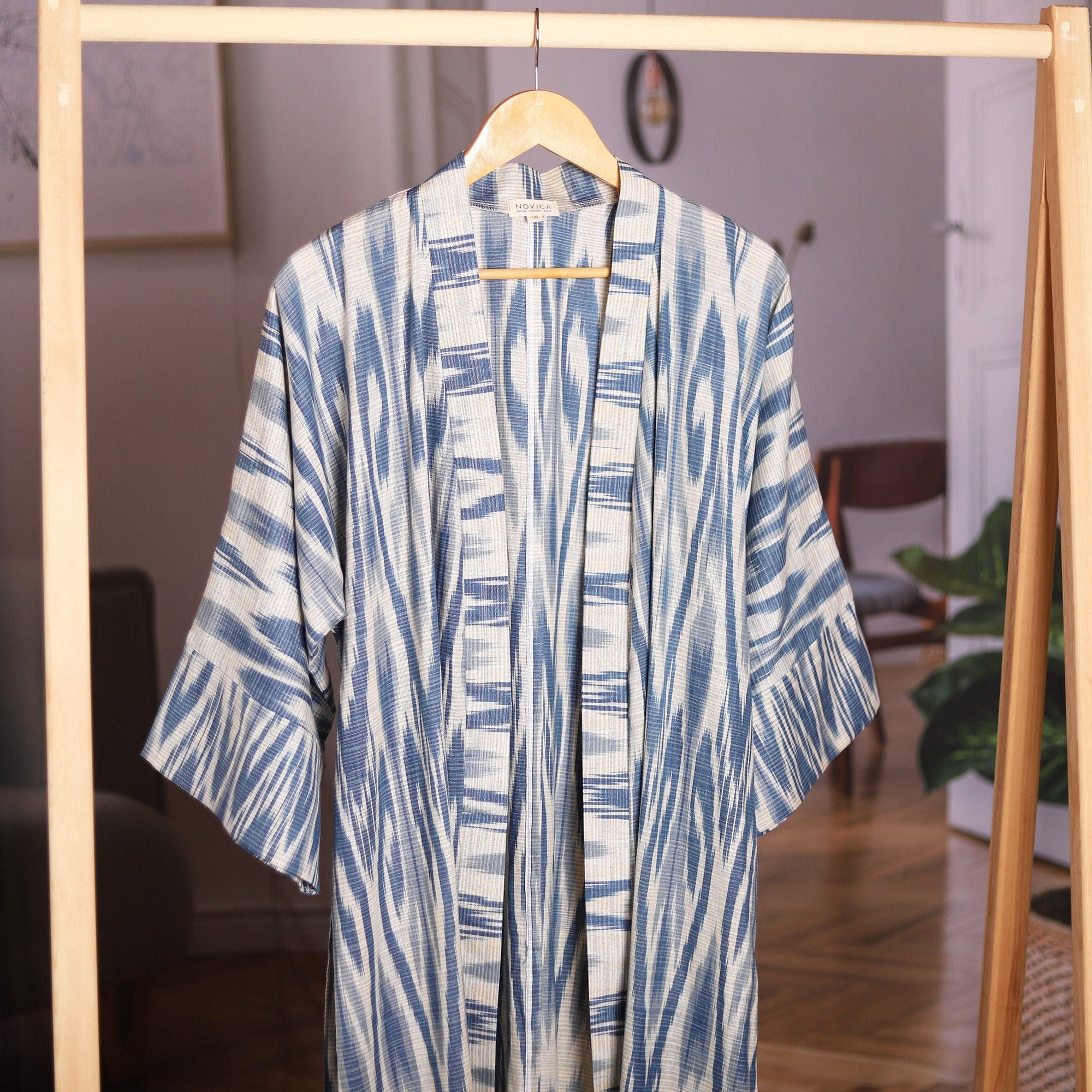 Handwoven 100% Cotton Robe with Blue and White Ikat Patterns - Samarka ...