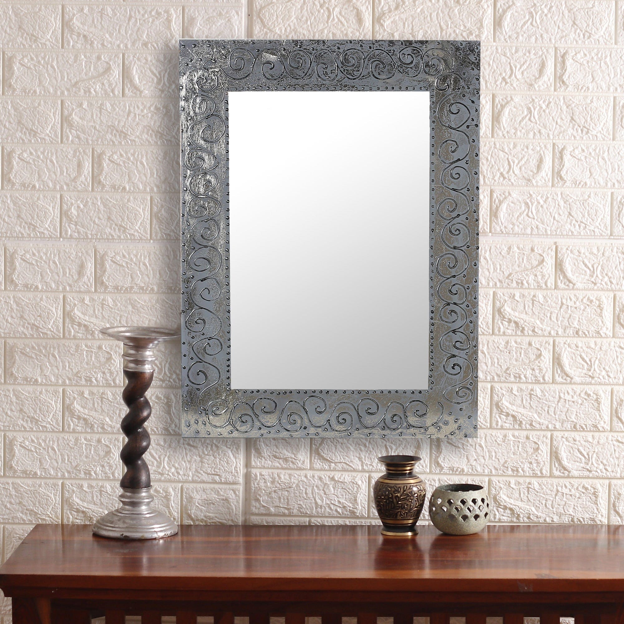 Embossed Rectangular Aluminum and Wood Wall Mirror - Ethereal Swirls ...