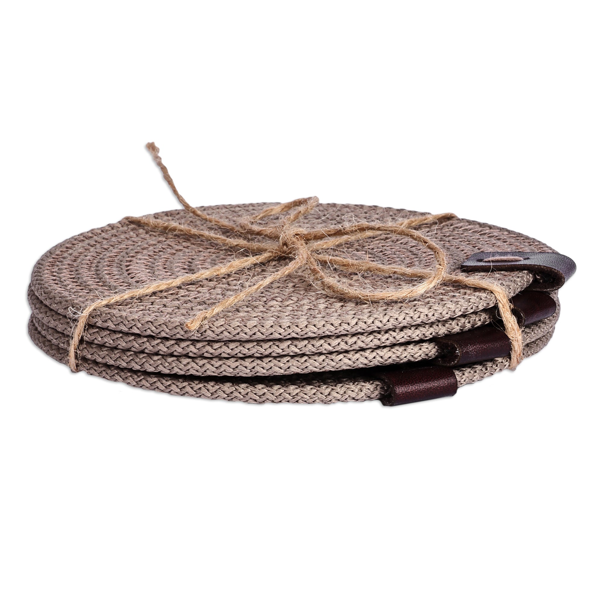 Set of 4 Brown Cotton Rope Coasters with Leather Accents - Latte Zigza ...