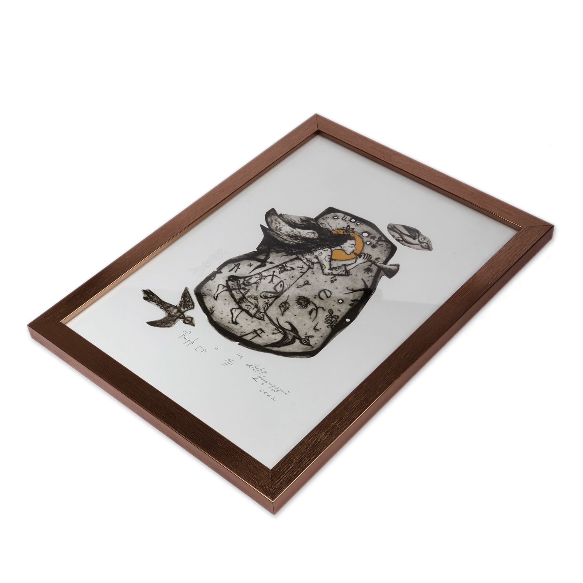 Traditional Ink on Paper Intaglio Print of Angel and Birds - Good News ...