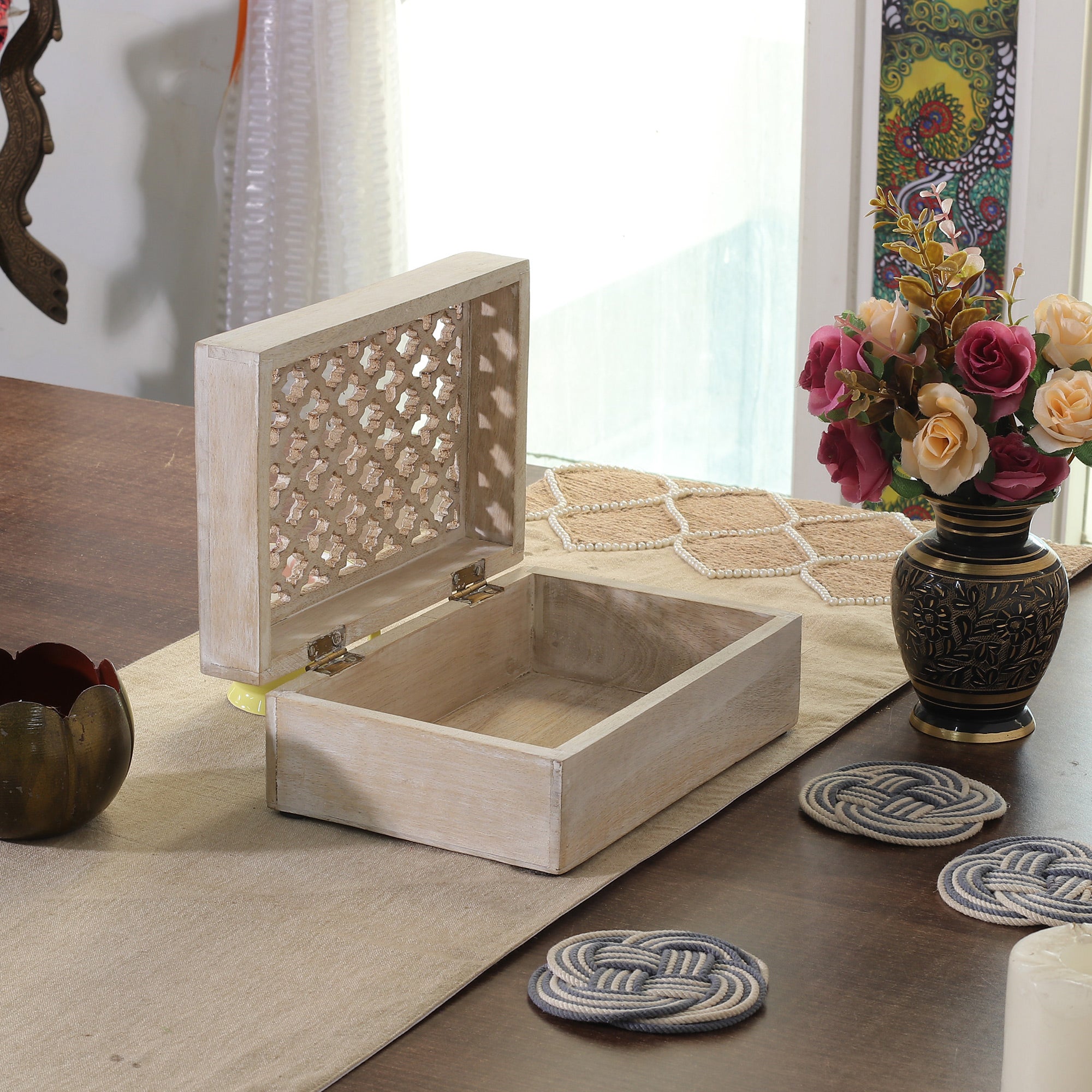 Hand-Carved Trellis-Patterned Medium-Sized Mango Wood Box - Lattice Se ...