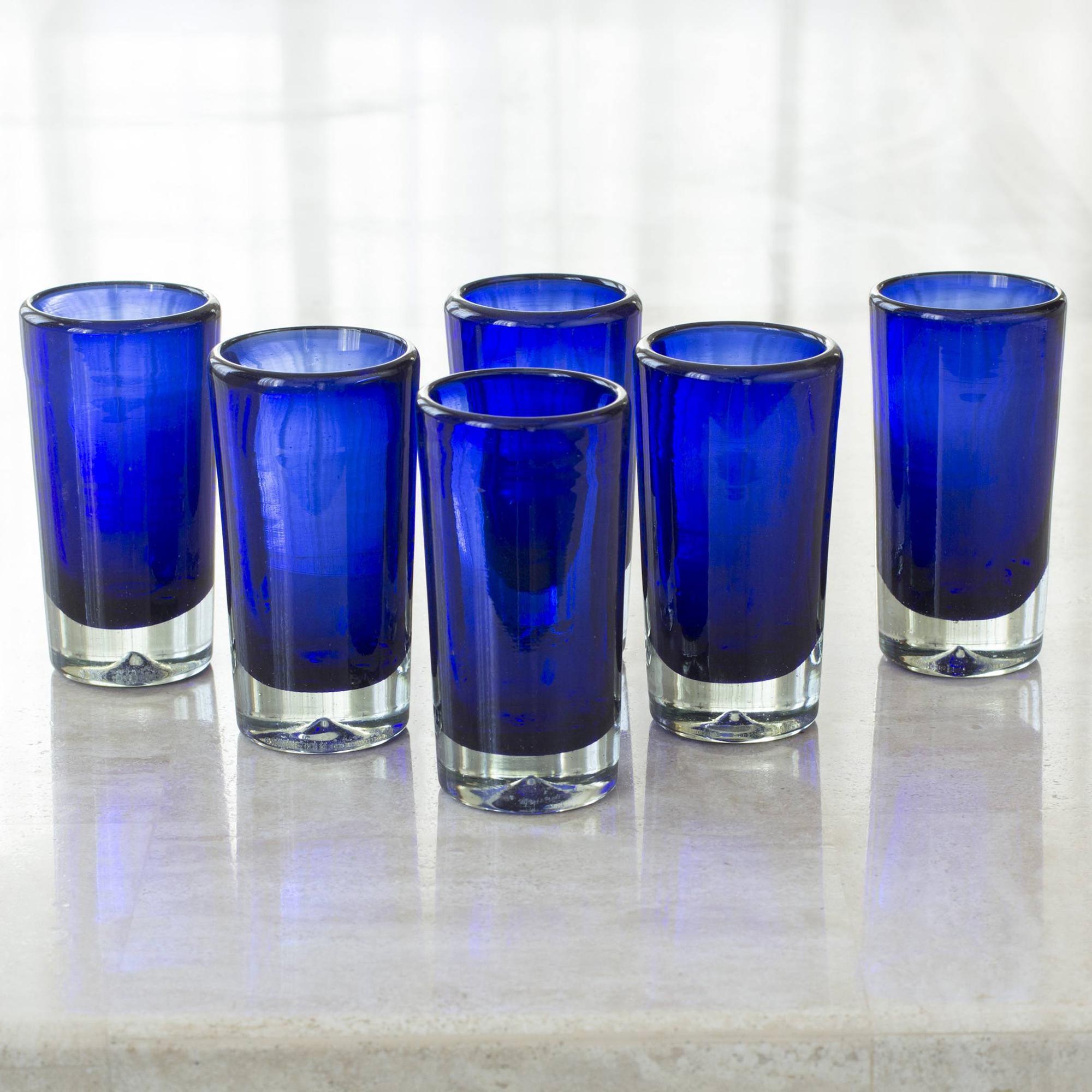 Set of 6 Blue Hand Blown Mexican Tequila Shot Glasses - Pure Cobalt ...