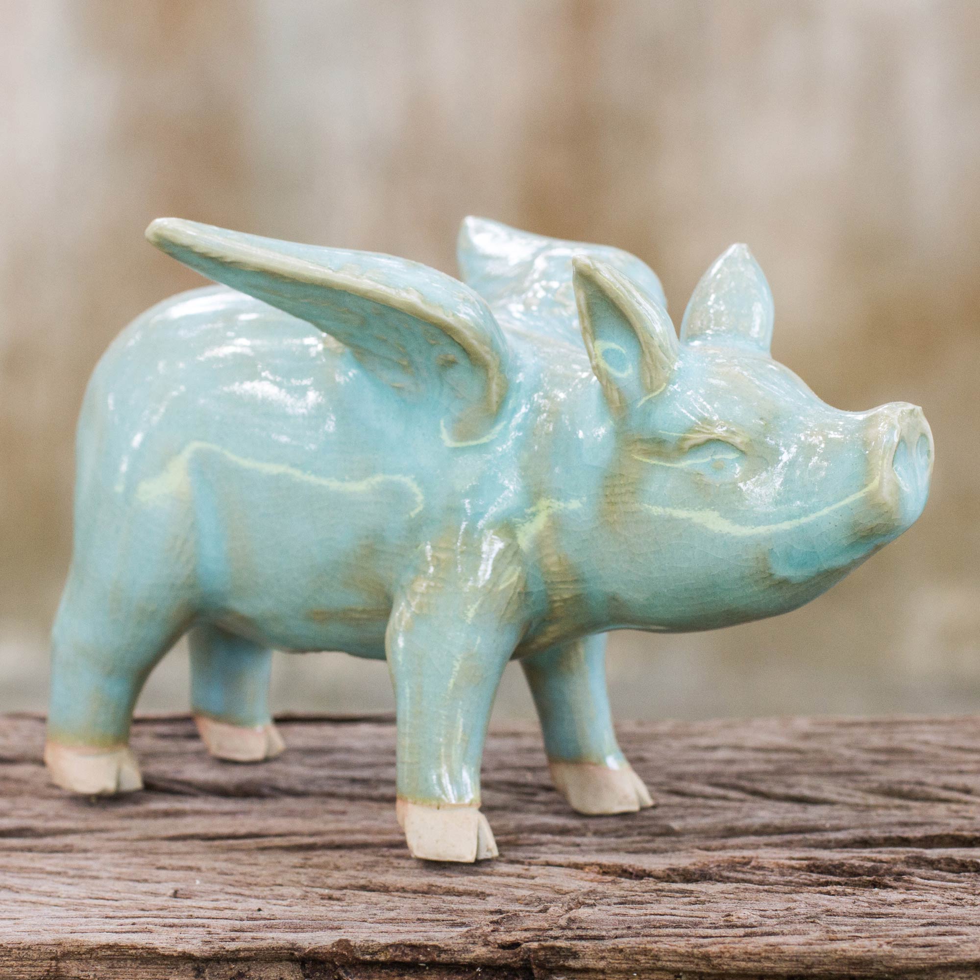 Handcrafted Blue Ceramic Flying Pig from Thailand - Flying Blue Pig ...