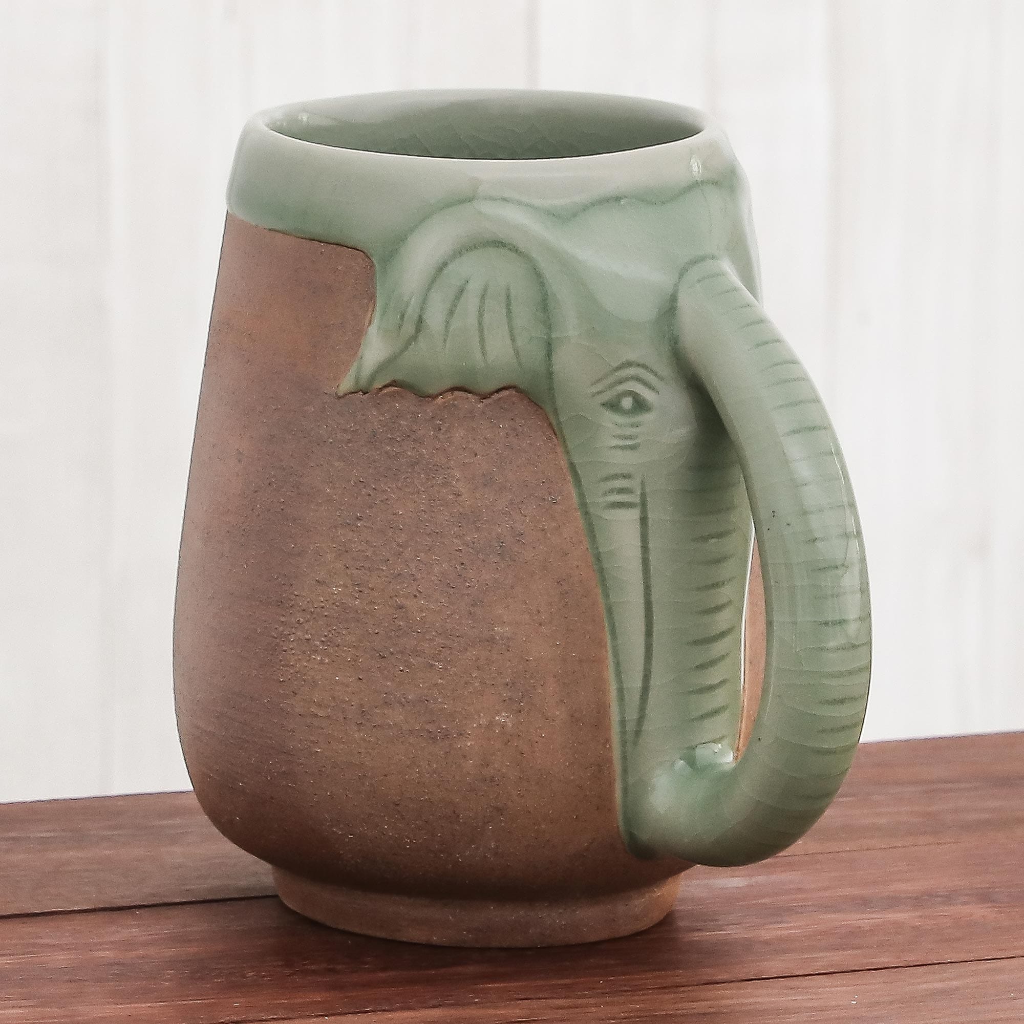 Ceramic Celadon Thai Elephant Mug in Green and Brown - Morning Elephan ...