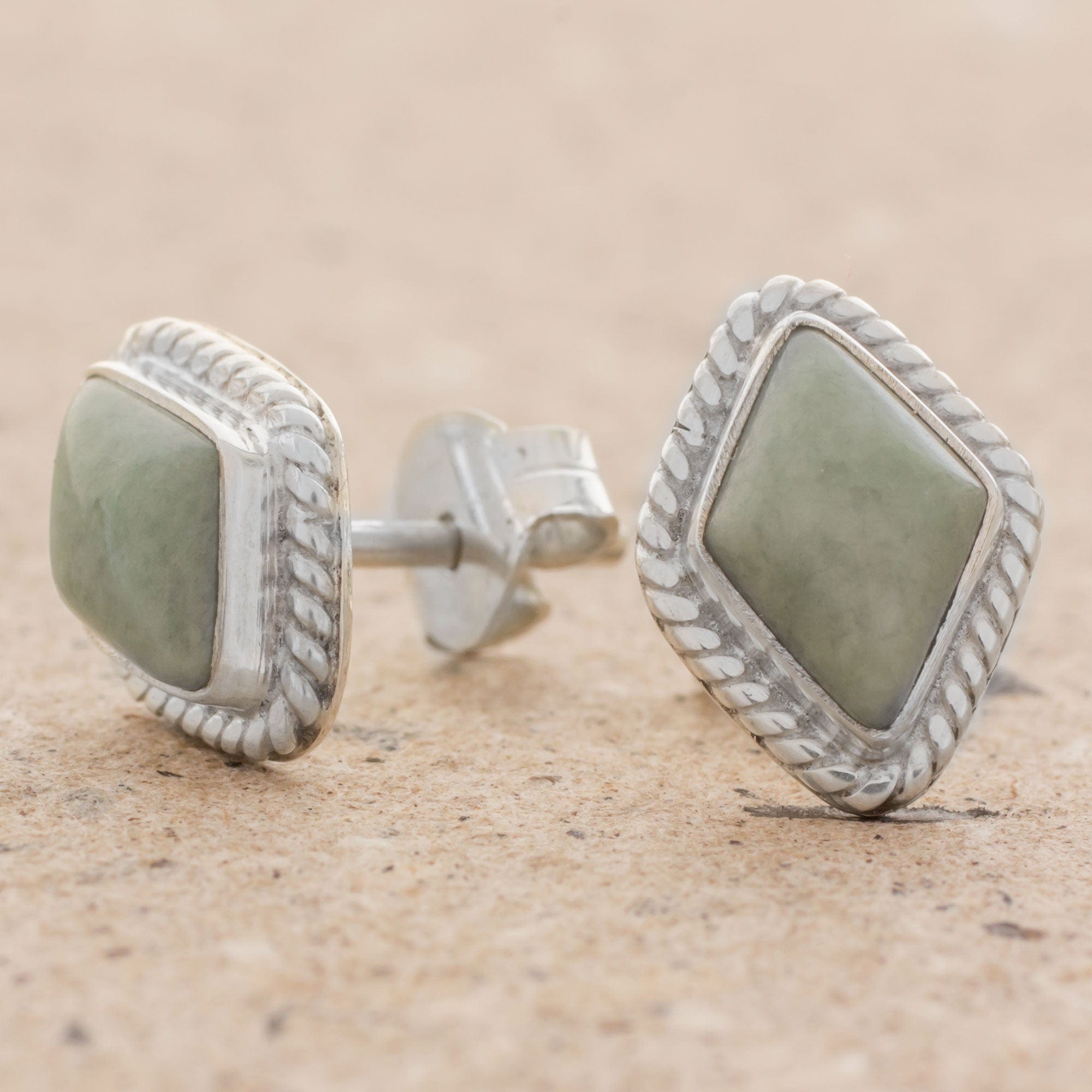 Light Green Jade Rhombus Stud Earrings from Guatemala - Diamond Lassos ...