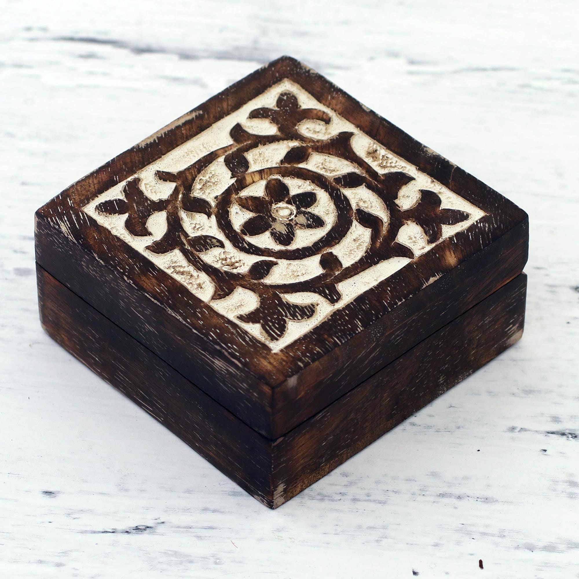 Handcrafted Square Mango Wood Decorative Box from India - Floral Circl ...