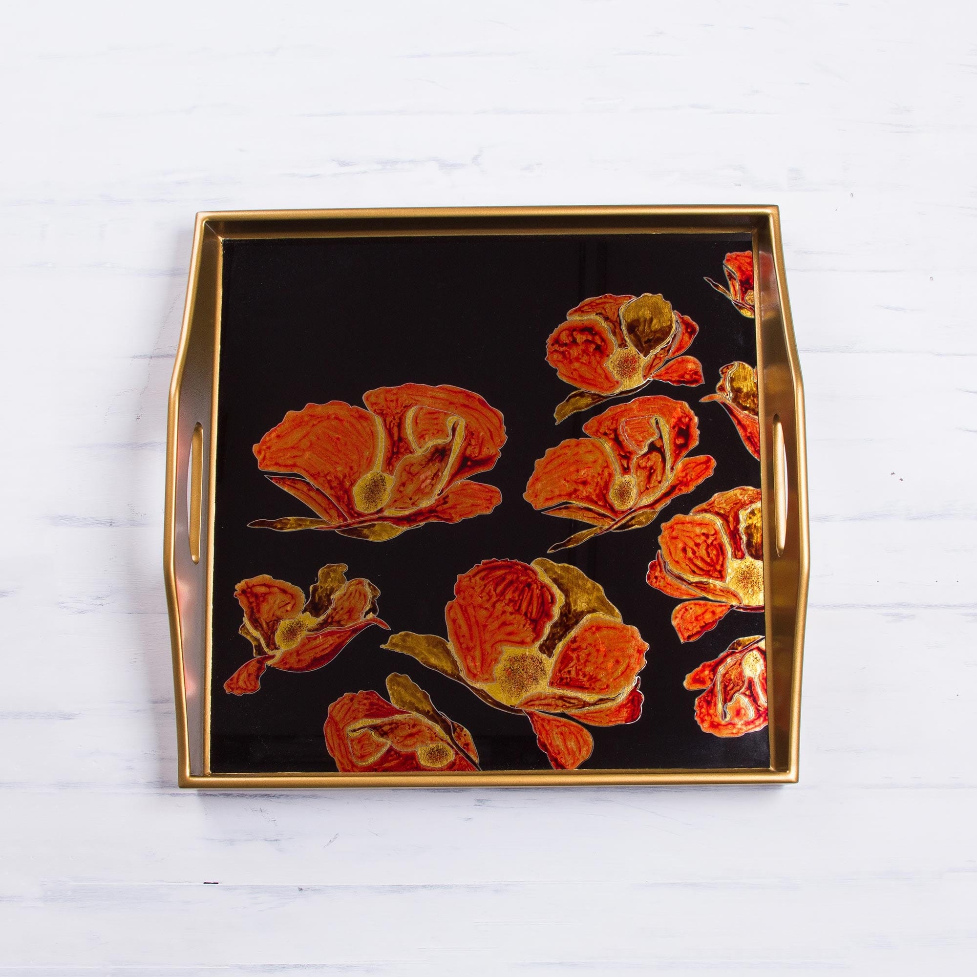 Reverse Painted Glass Tray With Poppy Motifs on Black - Gleaming Poppi ...