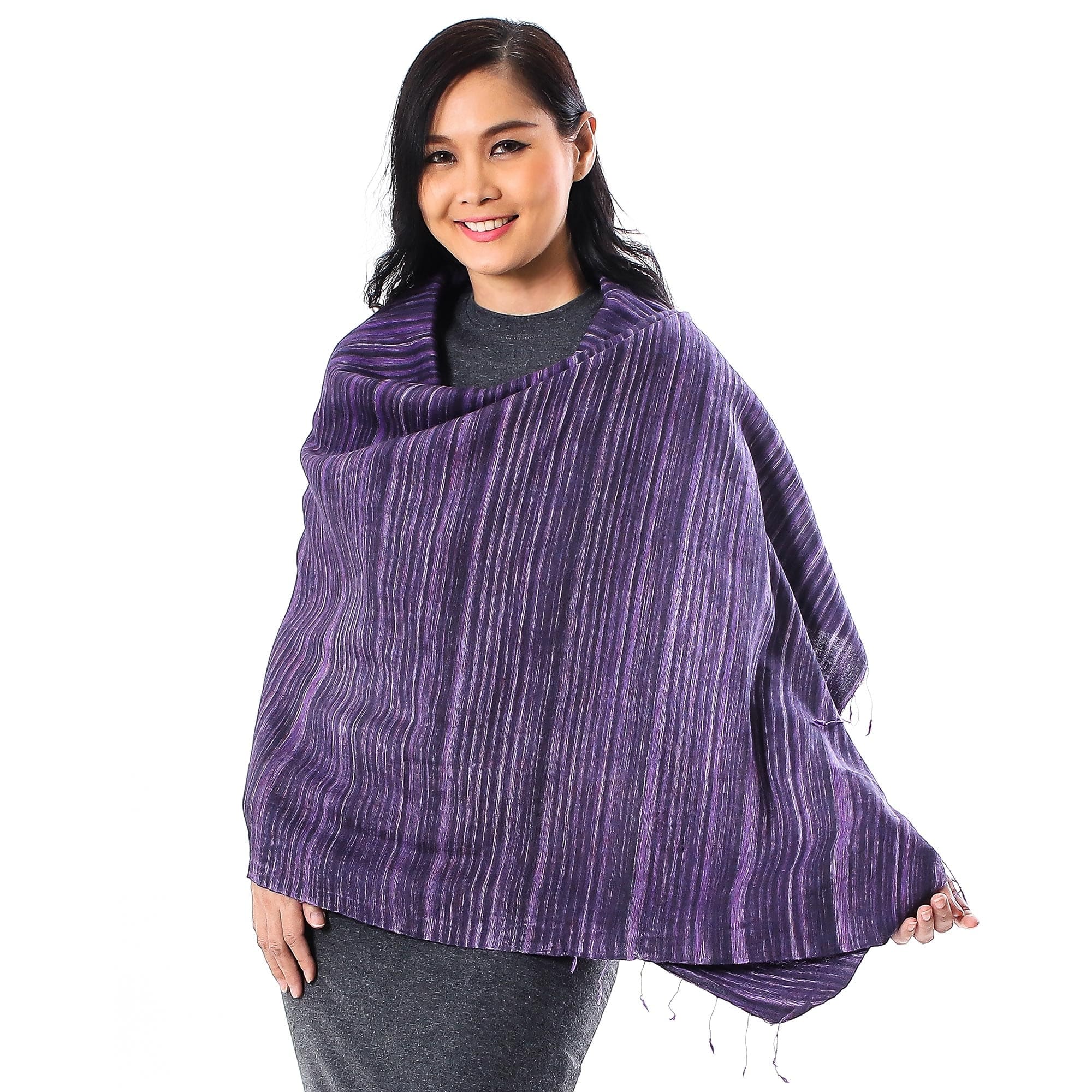 Striped Silk and Cotton Blend Shawl in Purple from Thailand - Gorgeous – GlobeIn