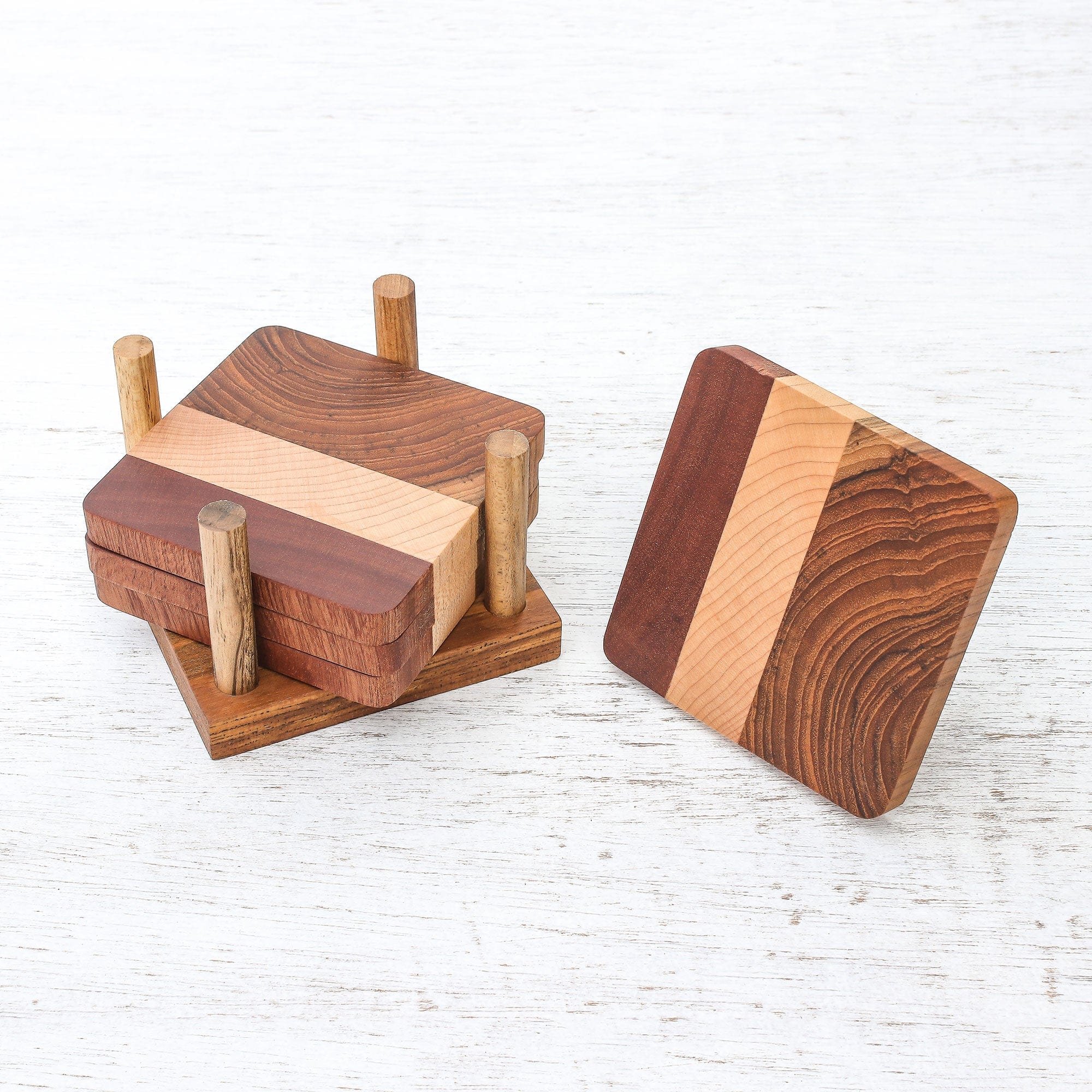 Handmade Wood Coasters and Holder from Thailand (Set of 4) - Cool Natu ...