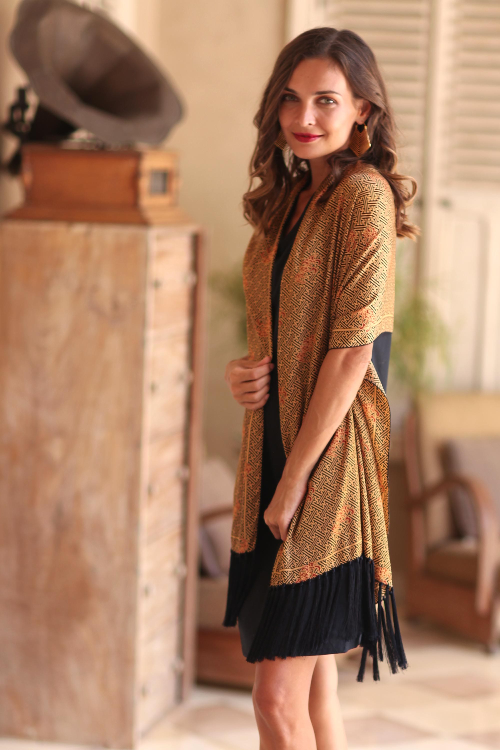 Russet and Buff Batik Silk Shawl from Bali - Land of Bali – GlobeIn