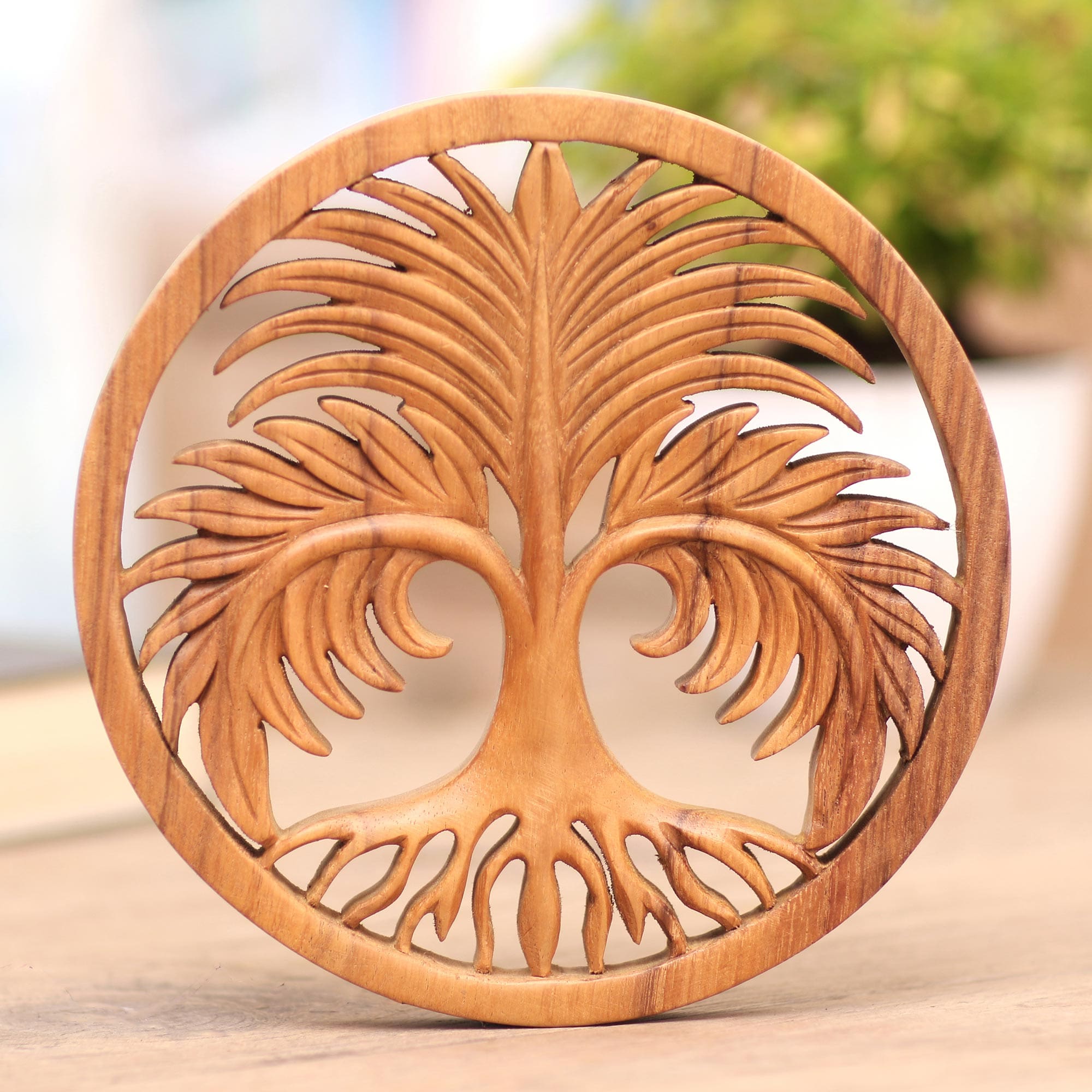 Handmade Suar Wood Palm Tree Relief Panel - Palm Garden – GlobeIn