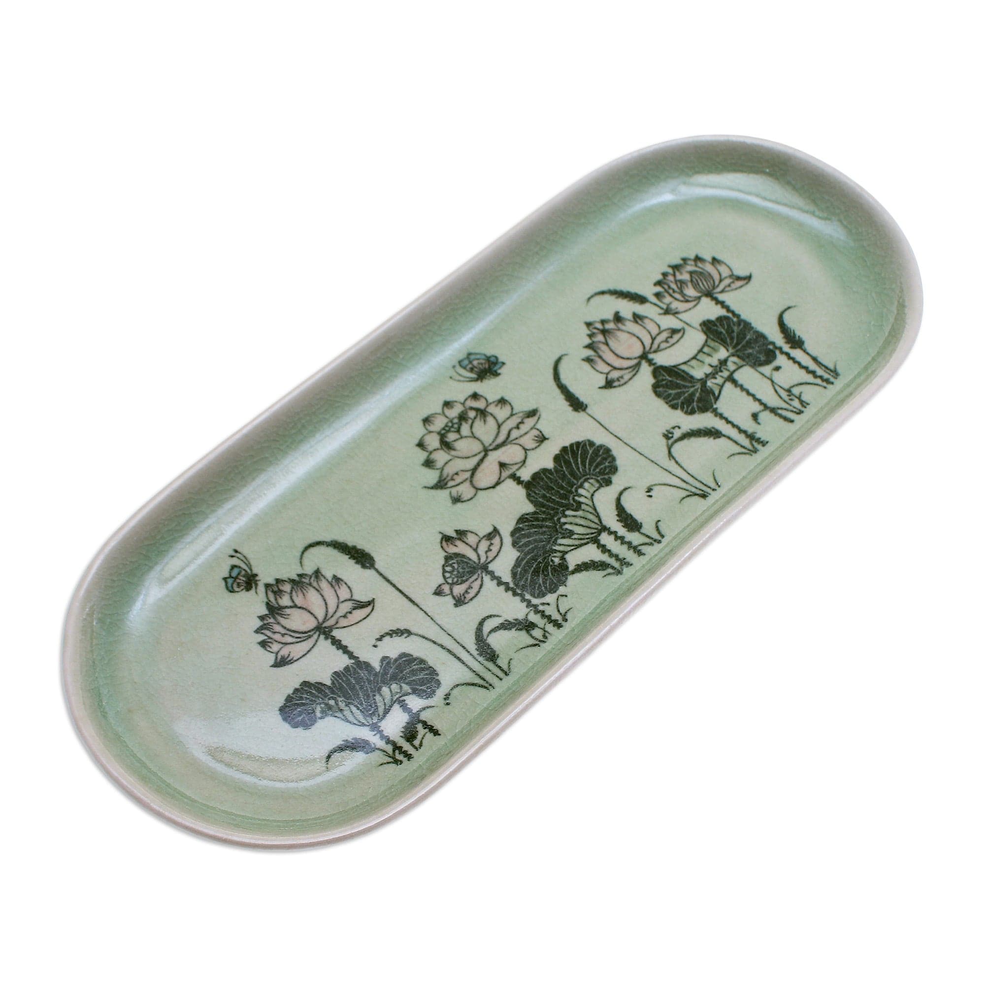 Handcrafted Lotus-Themed Celadon Ceramic Tray from Thailand - Thai Lot ...