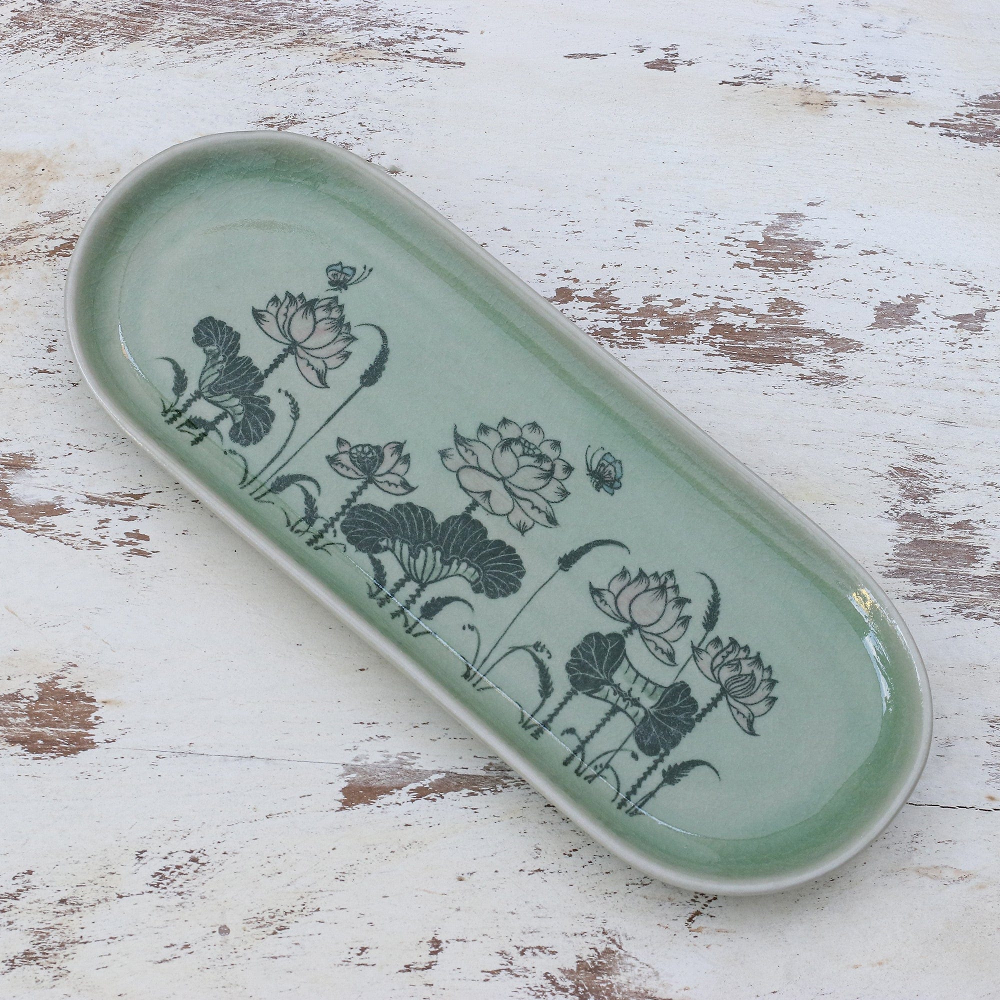 Handcrafted Lotus-Themed Celadon Ceramic Tray from Thailand - Thai Lot ...