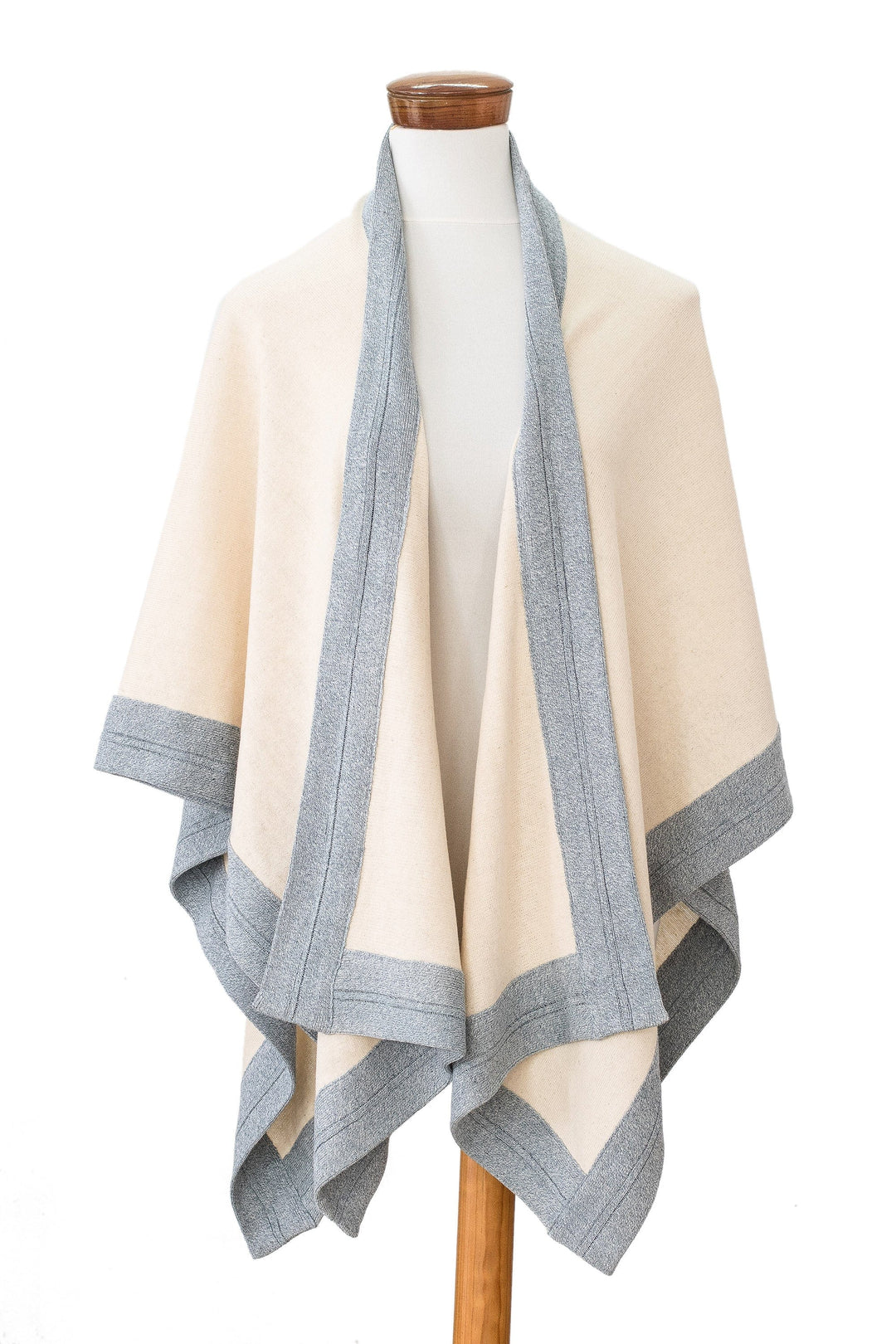 Bordered Ivory and Blue Cotton Ruana Handloomed in Guatemala - Island ...