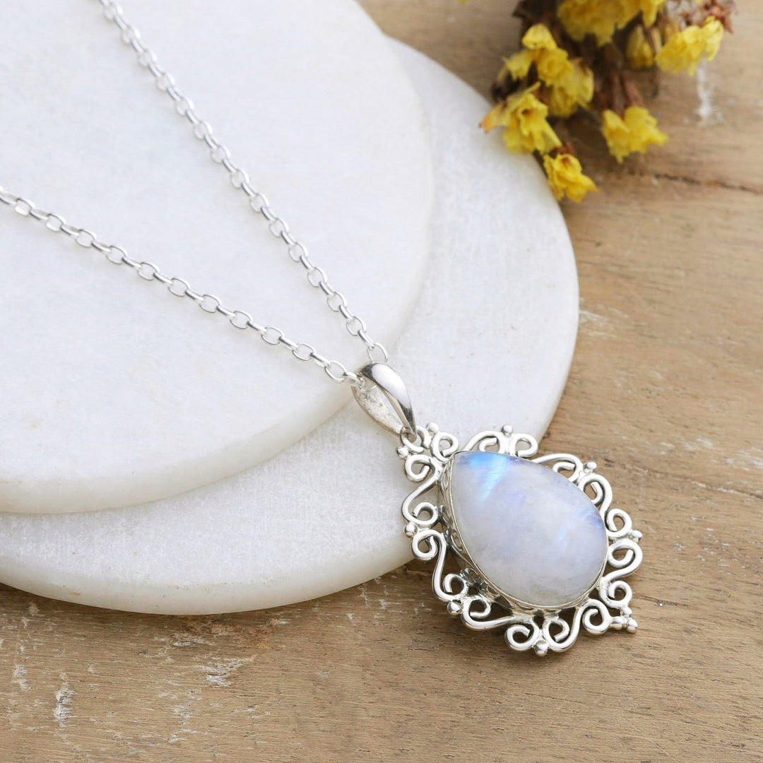 Sterling Silver Pendant Necklace with Rainbow Moonstone Harmonious Illusion