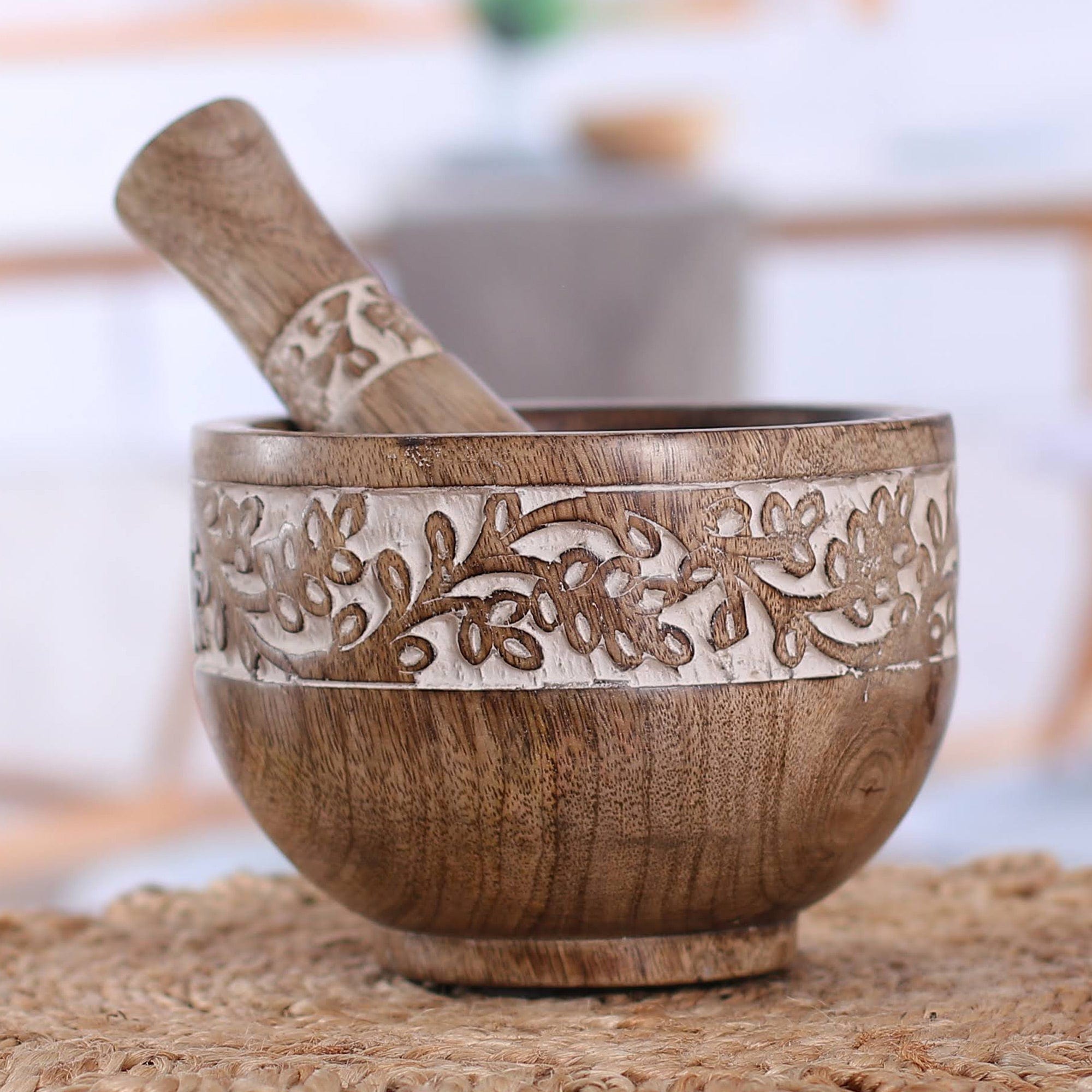 Leaf-Themed Wood Mortar & Pestle Carved and Painted by Hand - Artistic ...