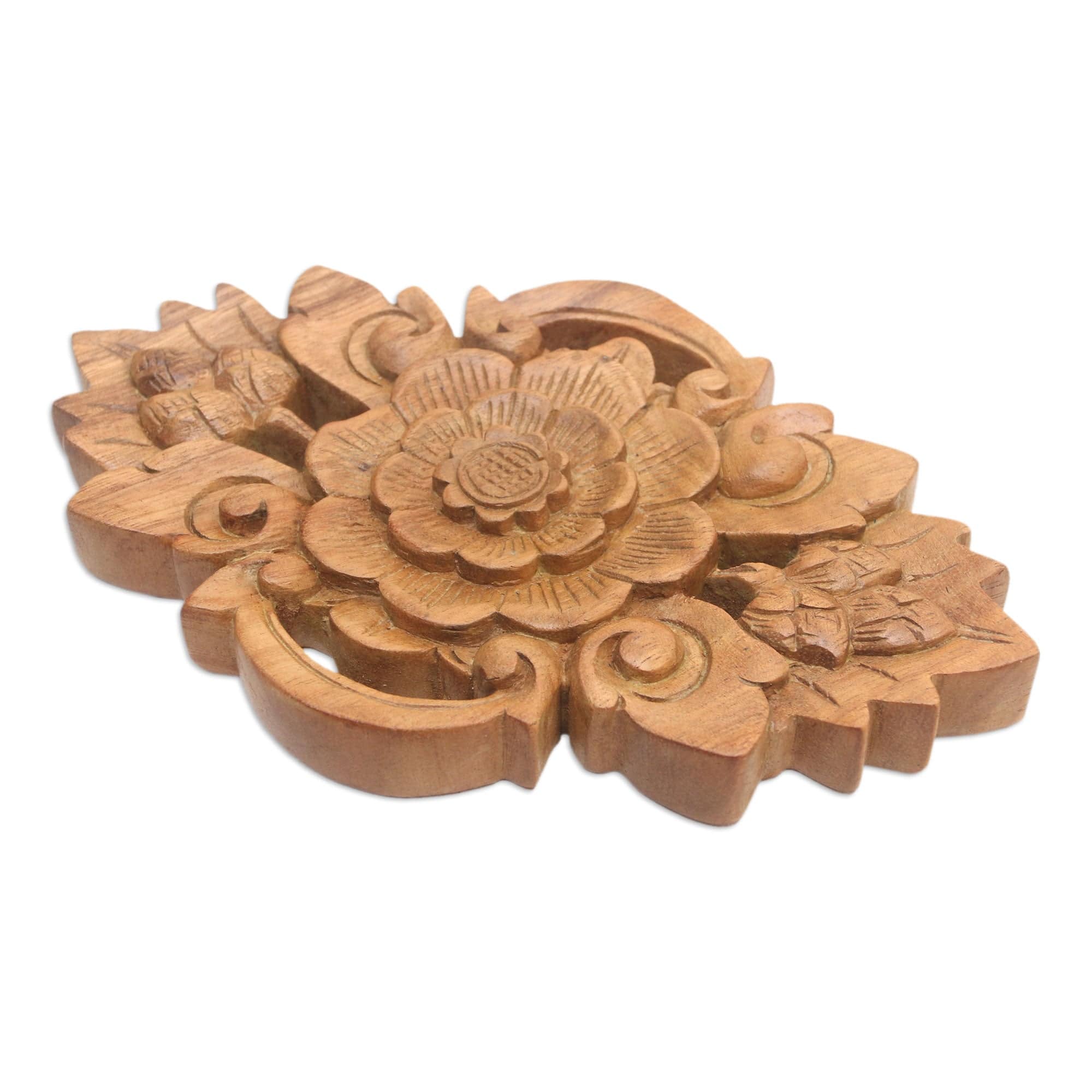 Lotus Flower Wall Relief Panel in Hand Carved Suar Wood - Lotus Crest ...