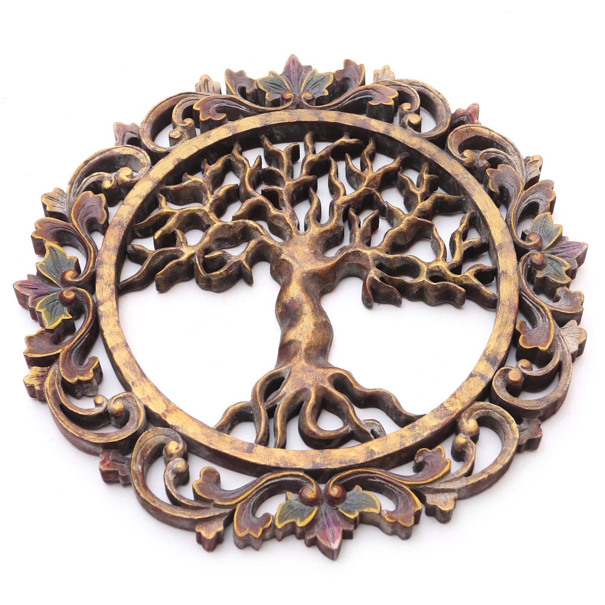 Tree-Themed Suar Wood Relief Panel - Gilded Tree of Life – GlobeIn