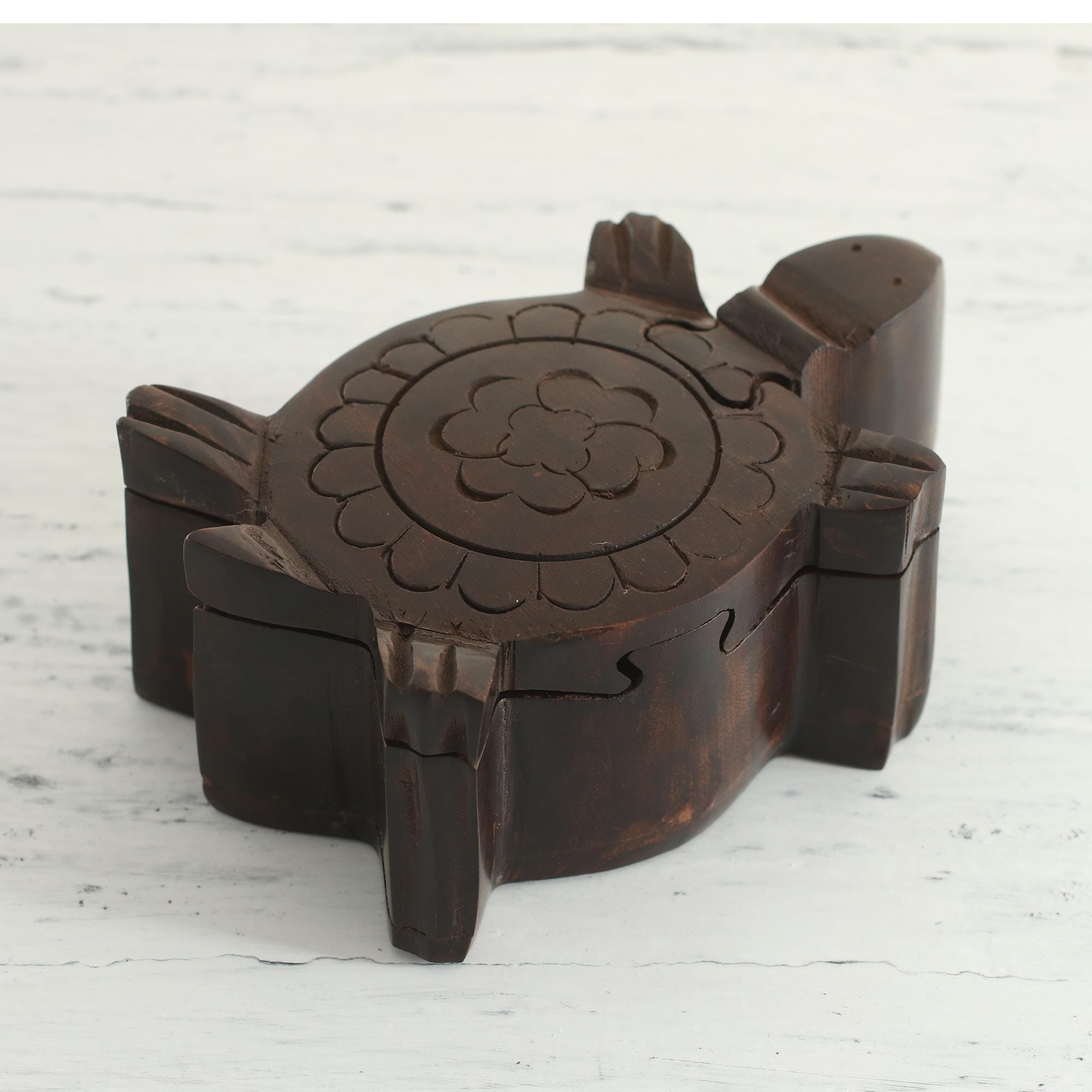 Hand-Carved Mango Wood Turtle Puzzle Box from India - Flower Turtle ...