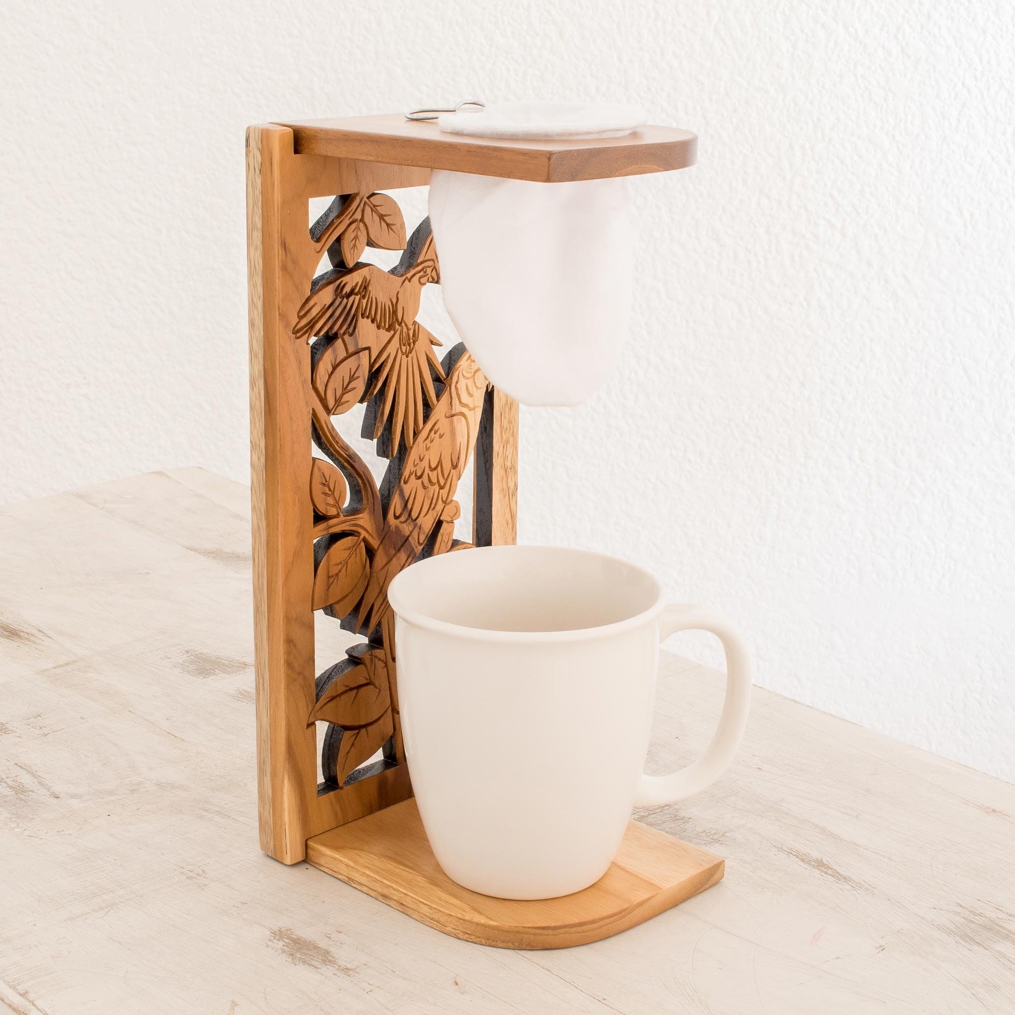 Parrot-Themed Teak Wood Single-Serve Drip Coffee Stand - Macaw Beverag ...