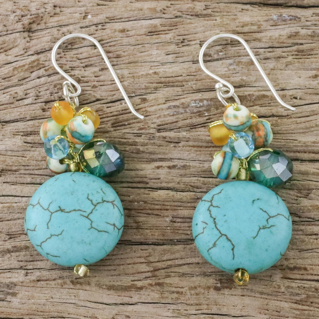 Blue Calcite and Glass Bead Dangle Earrings from Thailand Blue Circl GlobeIn