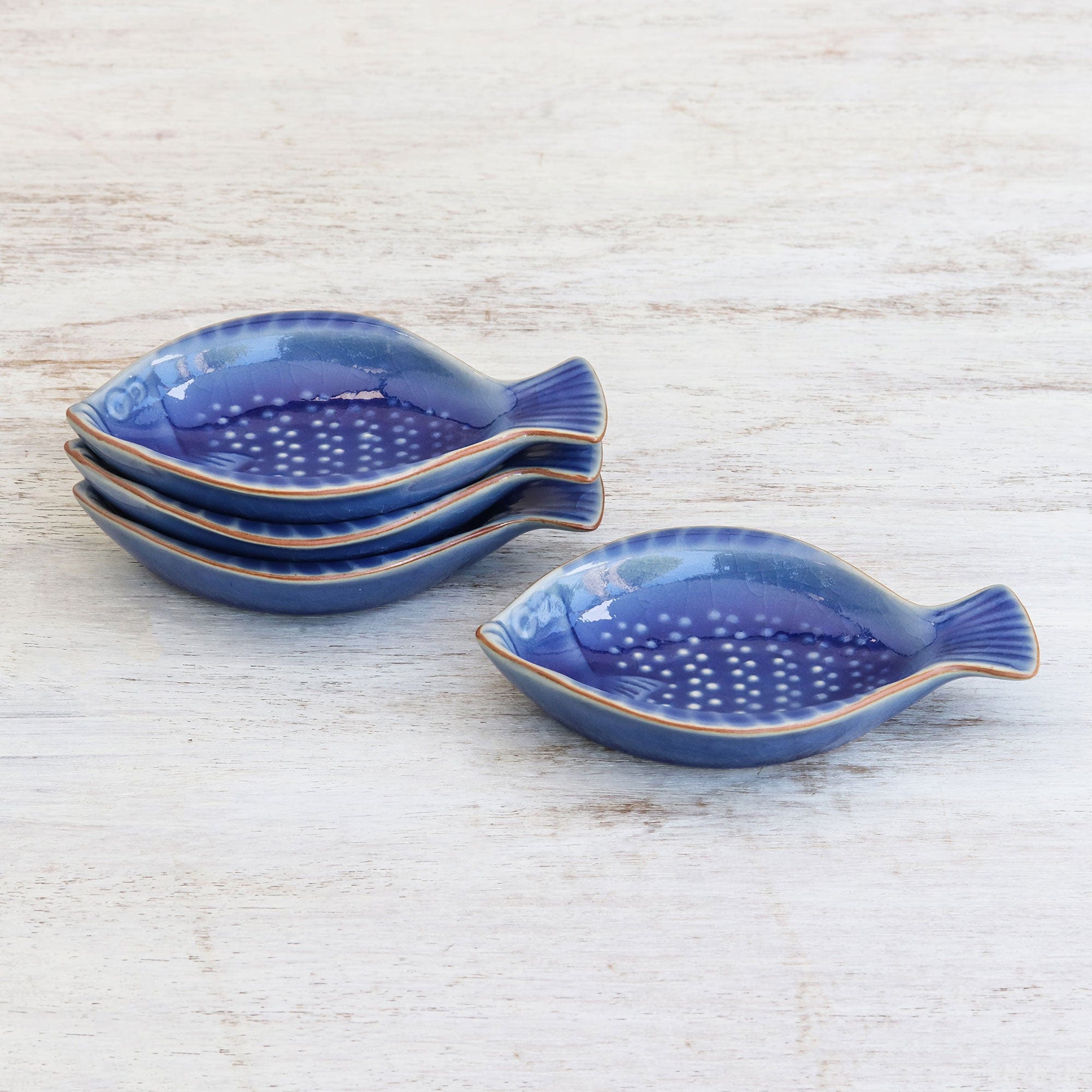 Fish-Shaped Blue Ceramic Appetizer Bowls - Set of 4 - Festive Fish ...